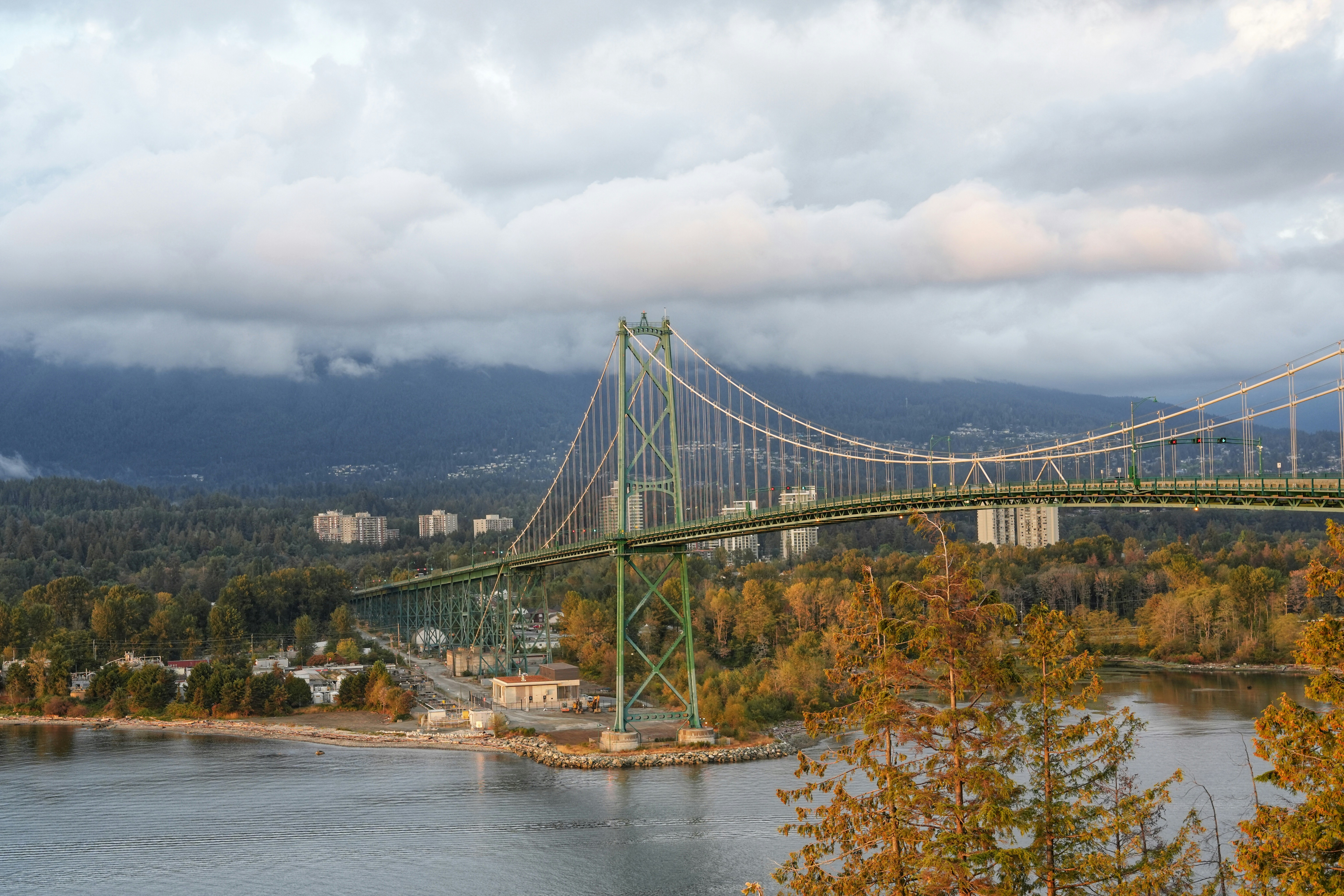 Verdant Suspension: Green Bridge Framing an Autumn River Valley