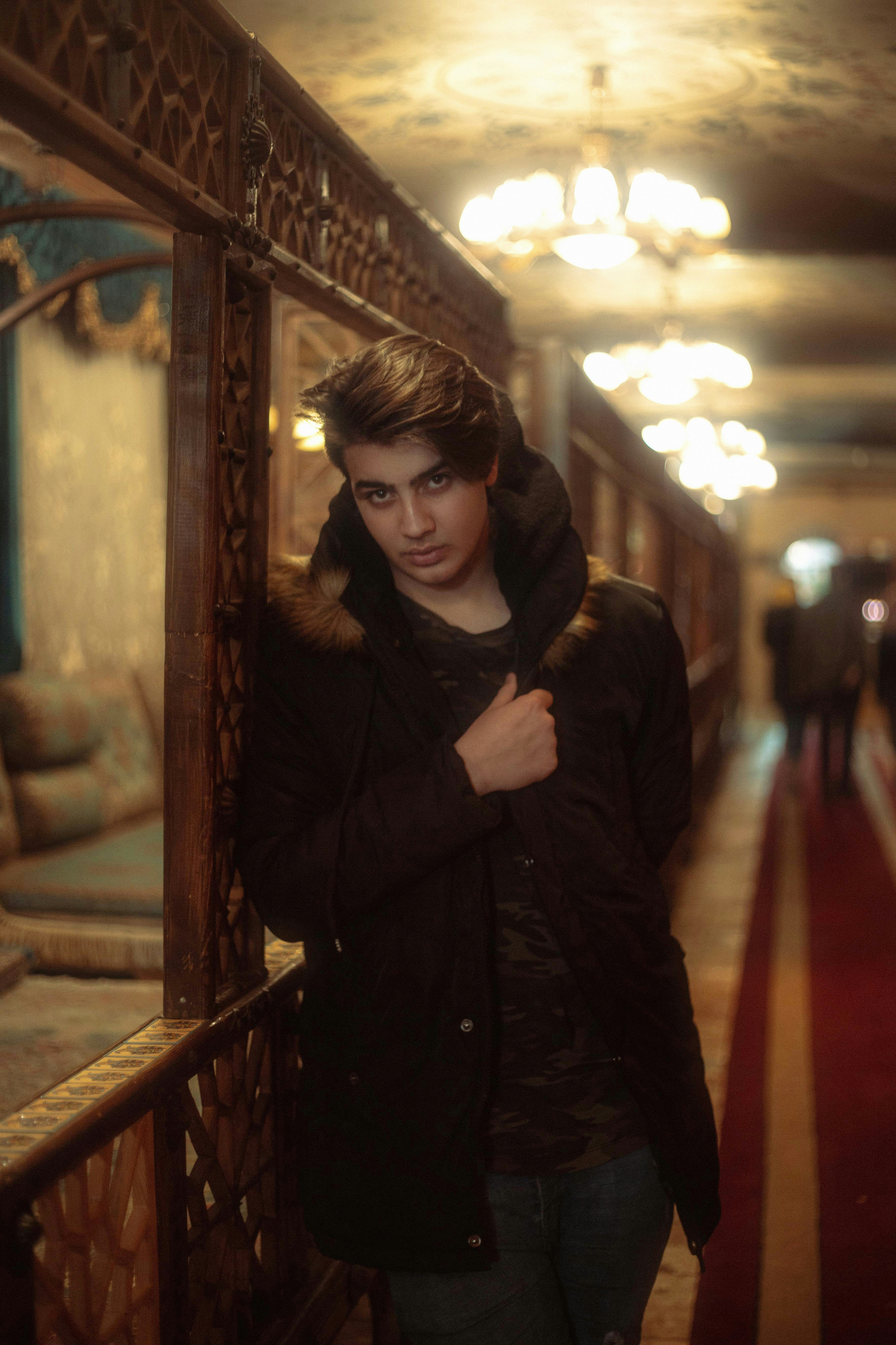 Midnight Velvet: A Poised Pose in the Hotel Corridor