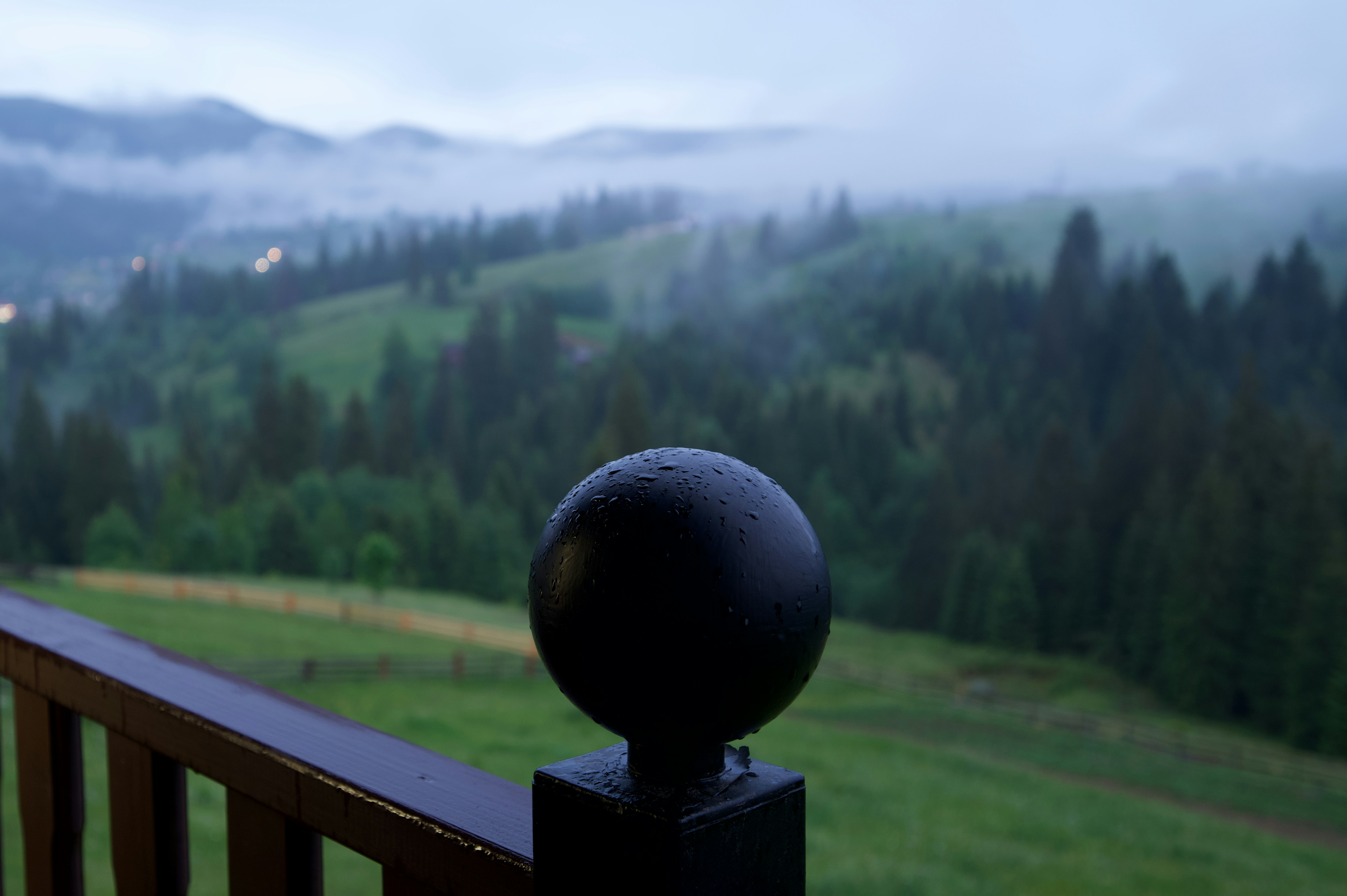 Rainy railing sphere: a lone ornament overlooking misty valley
