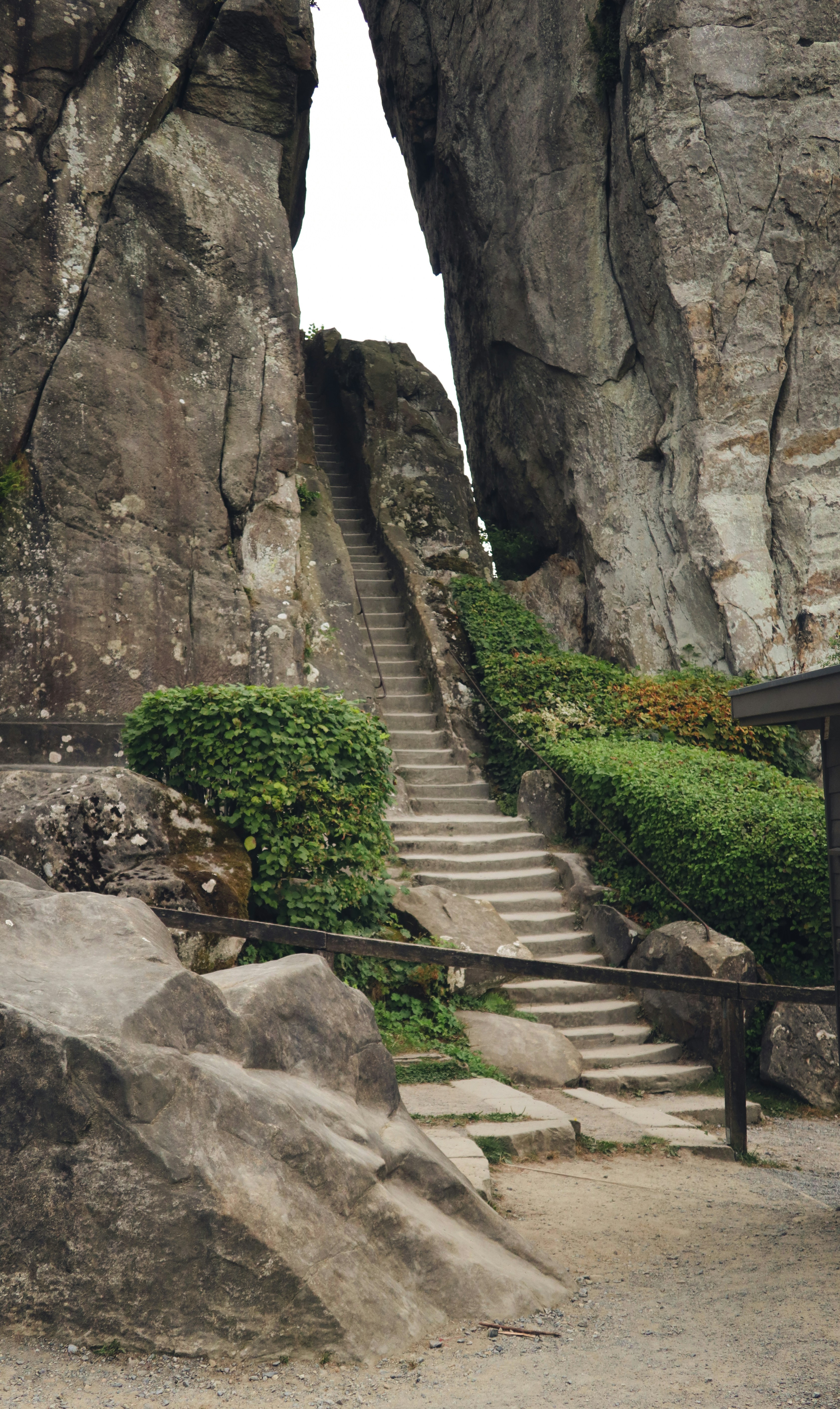 Winding staircase leading through a narrow rock formation, surrounded by lush greenery and large boulders. A serene journey into nature's embrace.