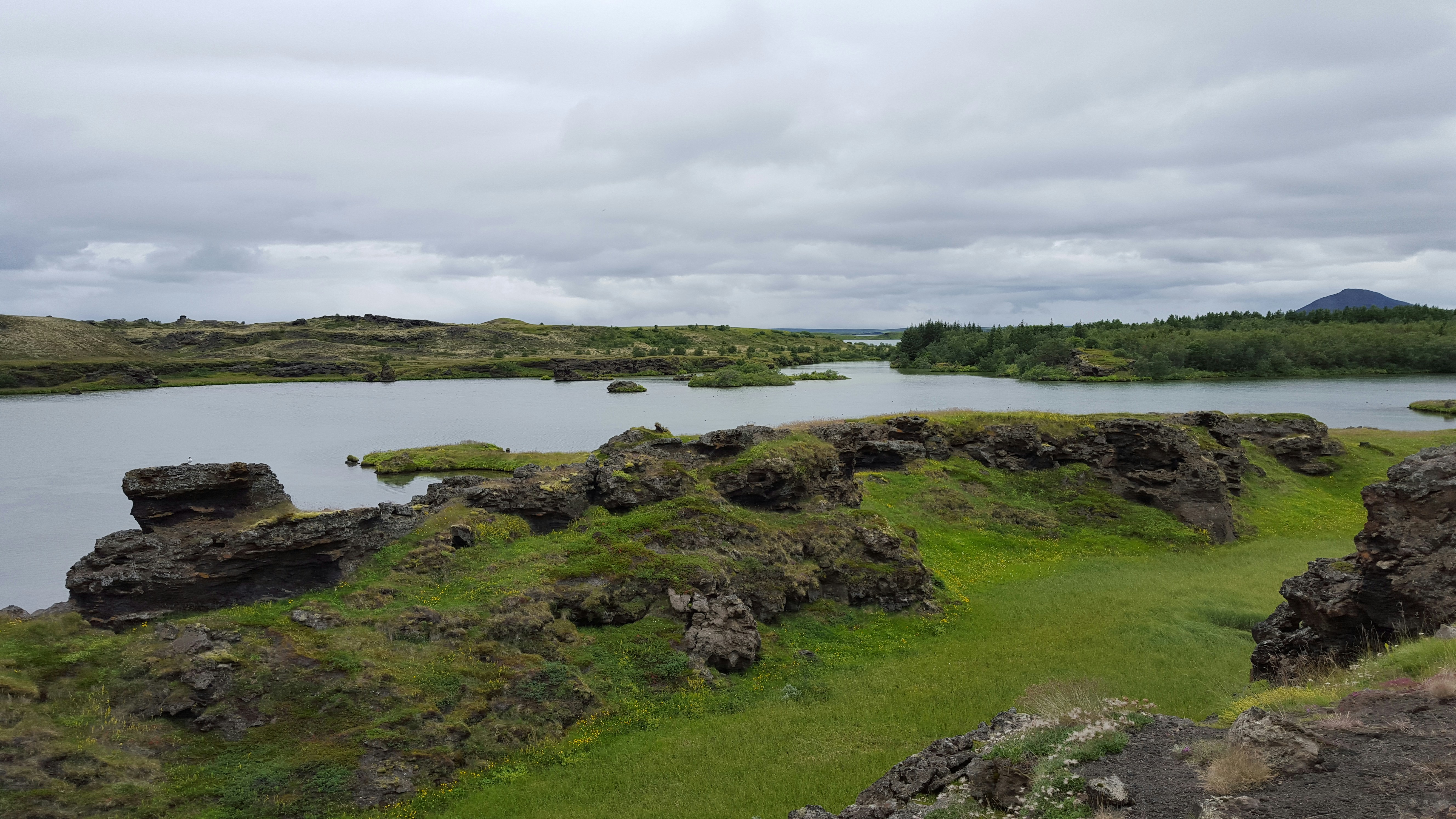 Moss-Covered Basalt by a Quiet Estuary Under a Moody Sky