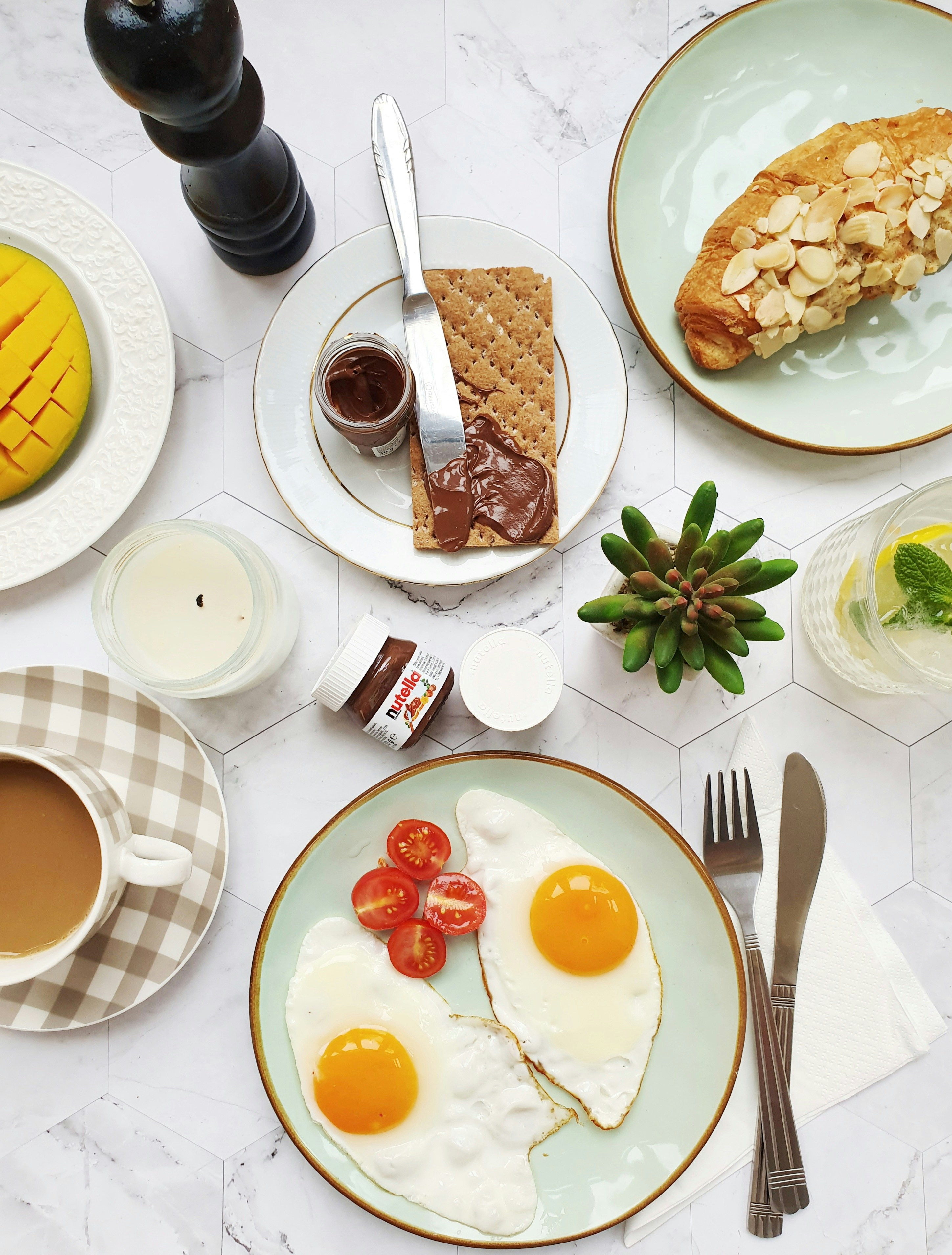 Marble Morning Mosaic: Eggs, Toast and Greens in a Bright Breakfast Spread
