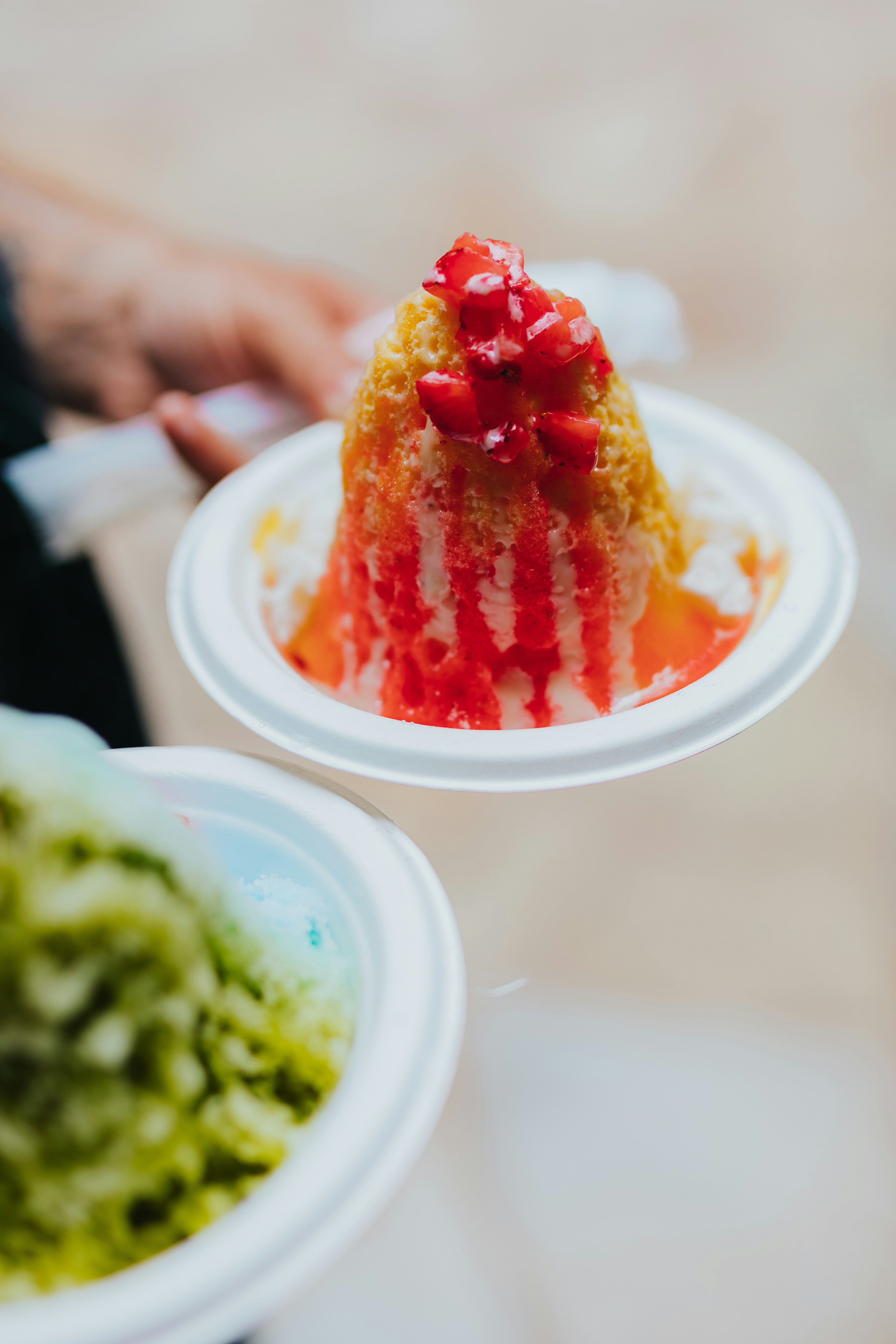 Crimson Drips over Citrus Snow: A Street-Side Shaved Ice Moment