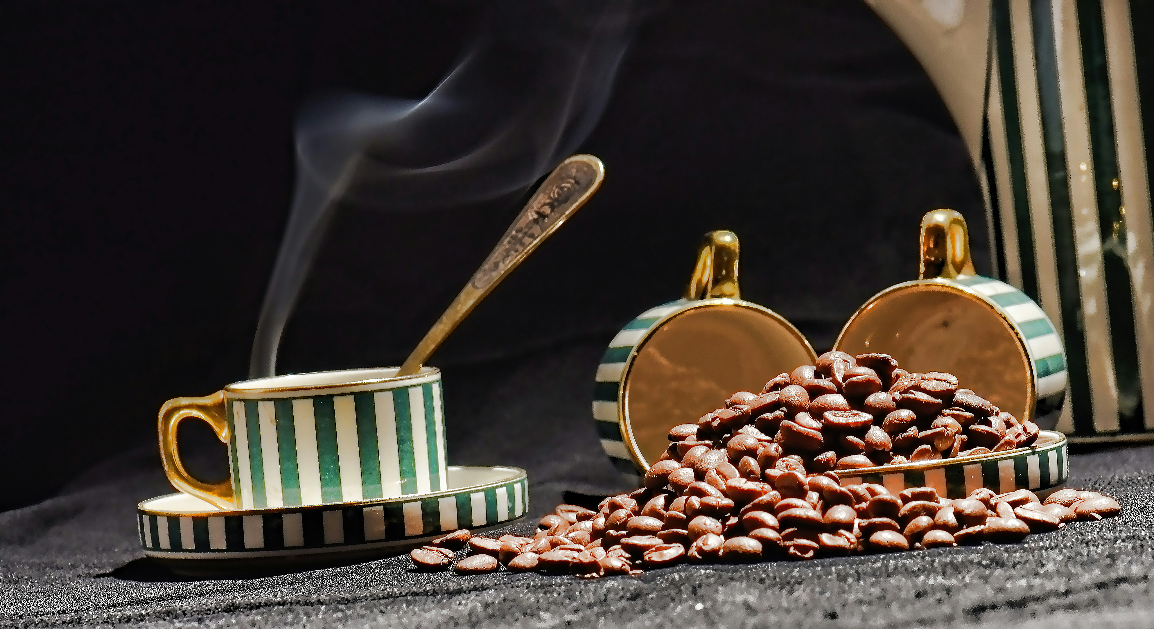Steam over Stripes: A Quiet Still-Life of Beans and Ceramics