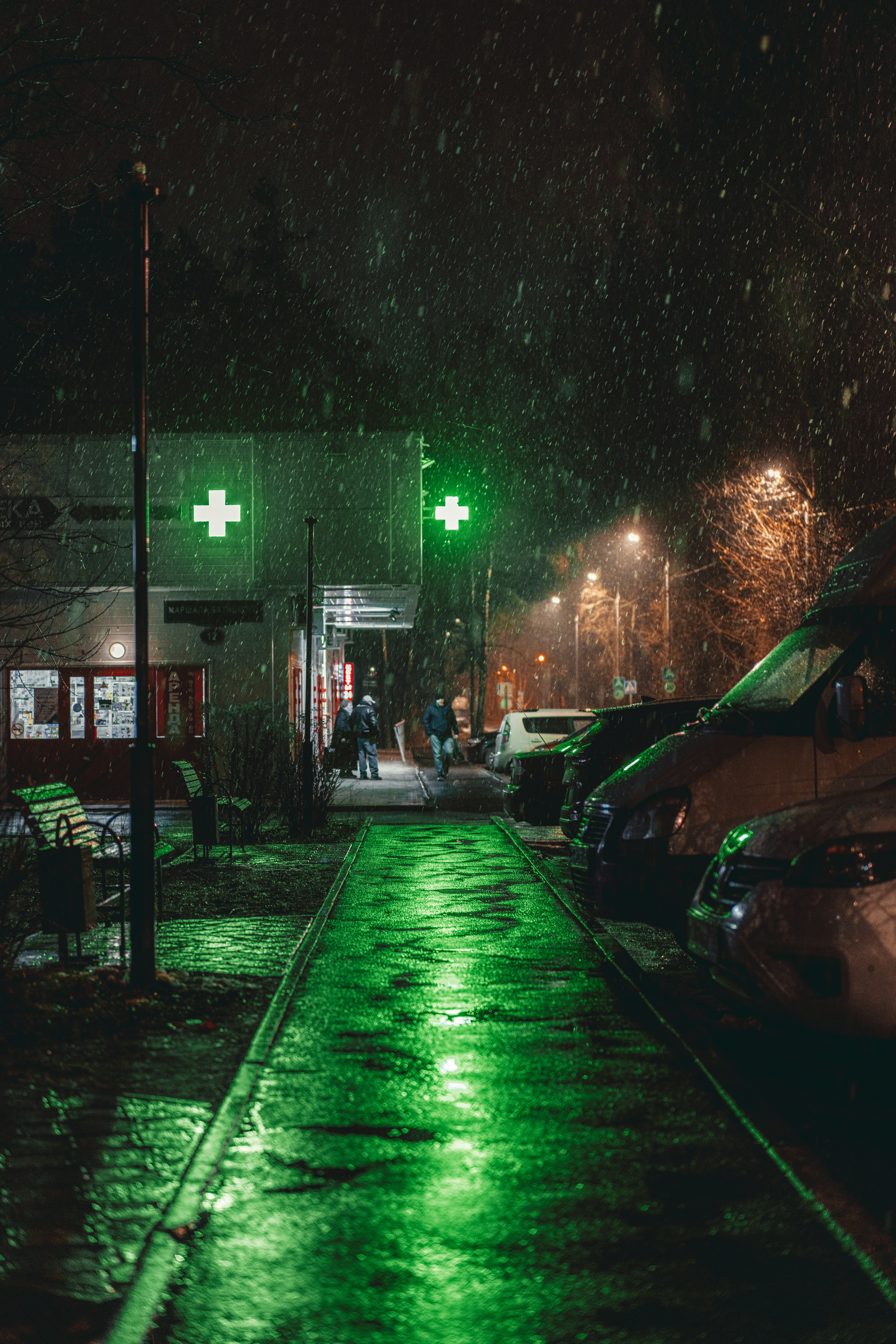 Neon Green Crossroads in Fresh Snow