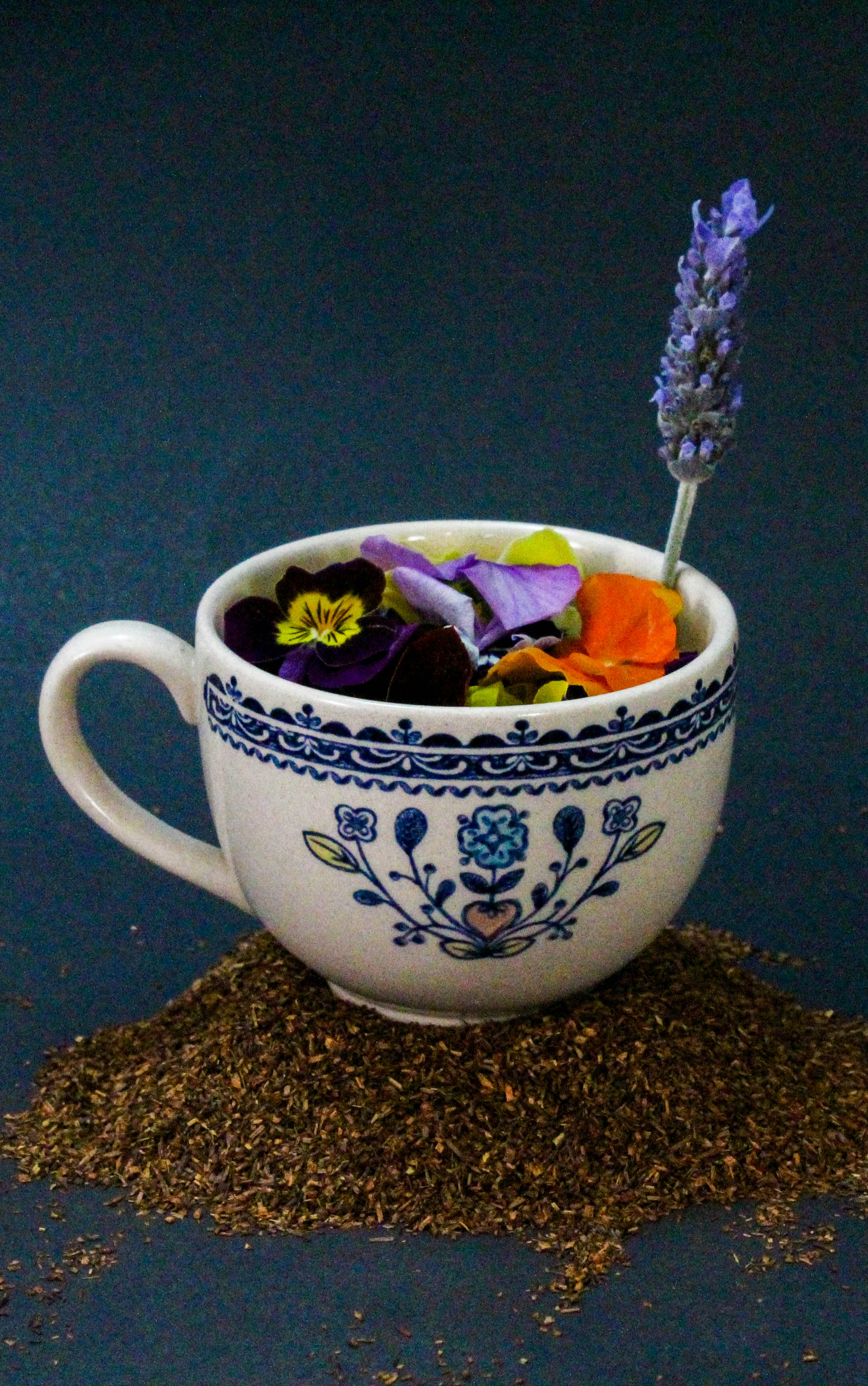 Delft-Pattern Mug Cradling Petals and Lavender