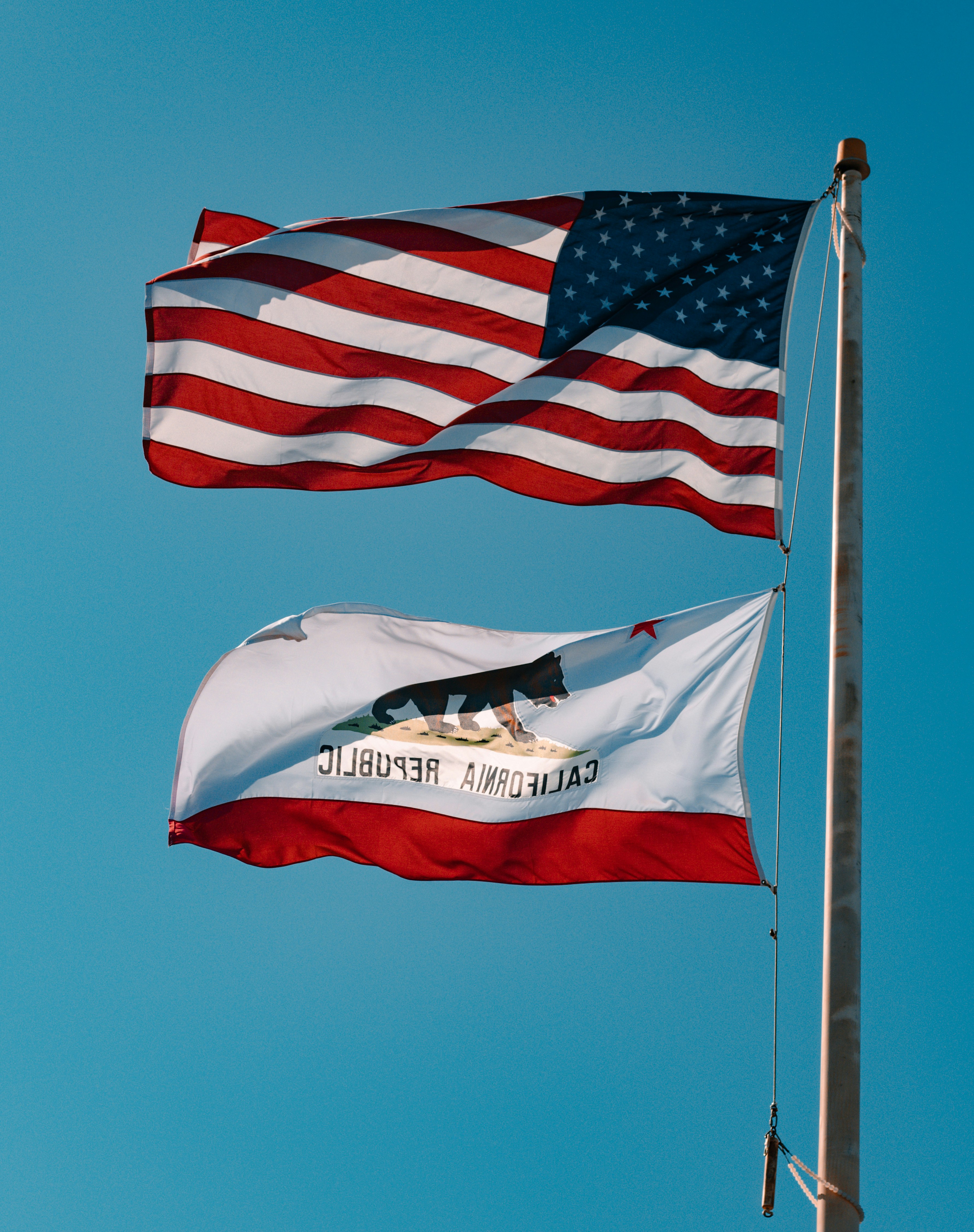 Stars and Stripes Over the Bear Flag: Flags Rippling in a Clear Sky
