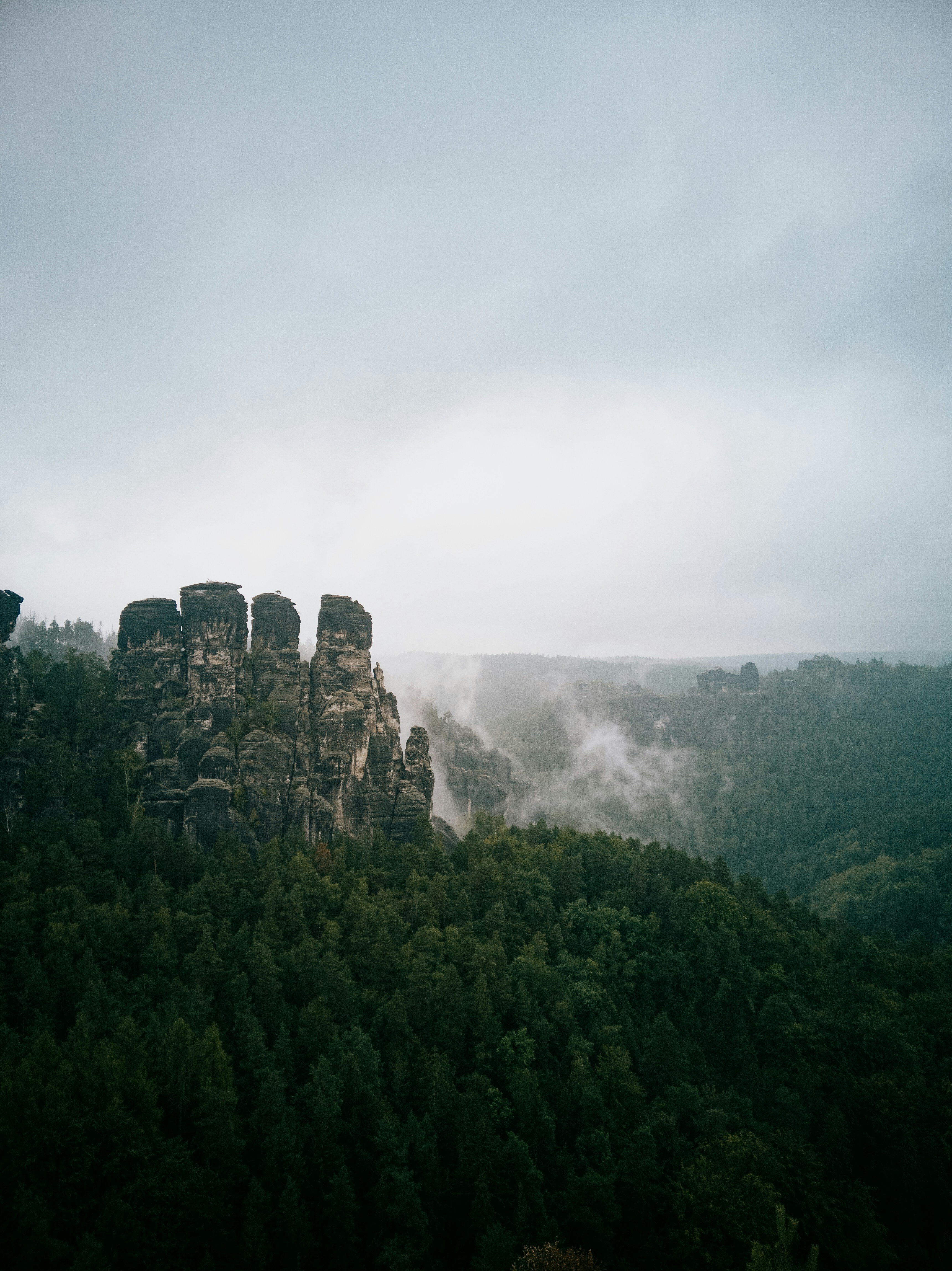Towering rock formations rise above a lush forest, shrouded in mist, creating an ethereal landscape. The scene captures the harmony between stone and greenery.