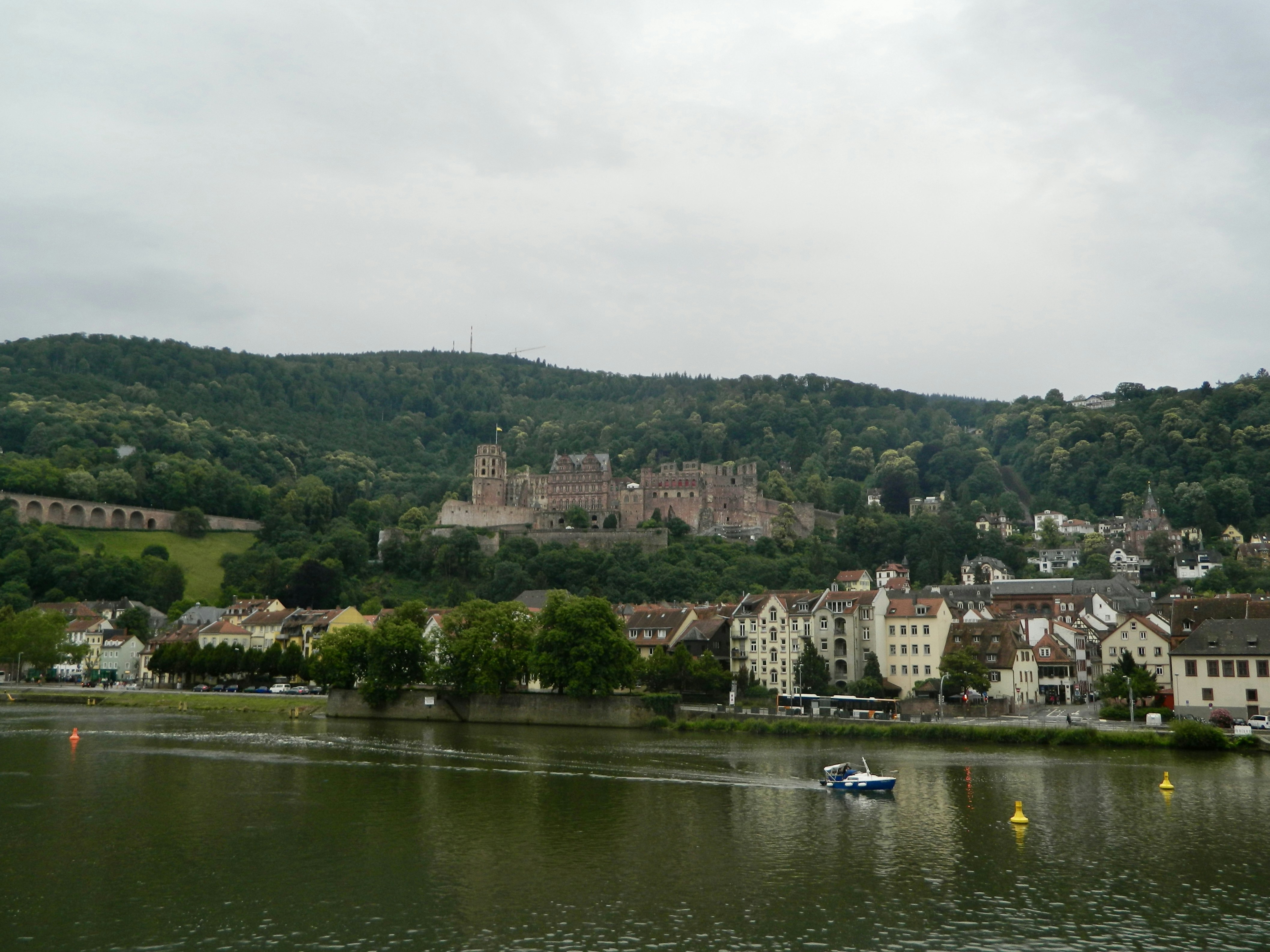 Historic Heidelberg Castle perched on a hillside overlooking the river, with charming houses lining the water's edge. A boat glides across the calm surface.