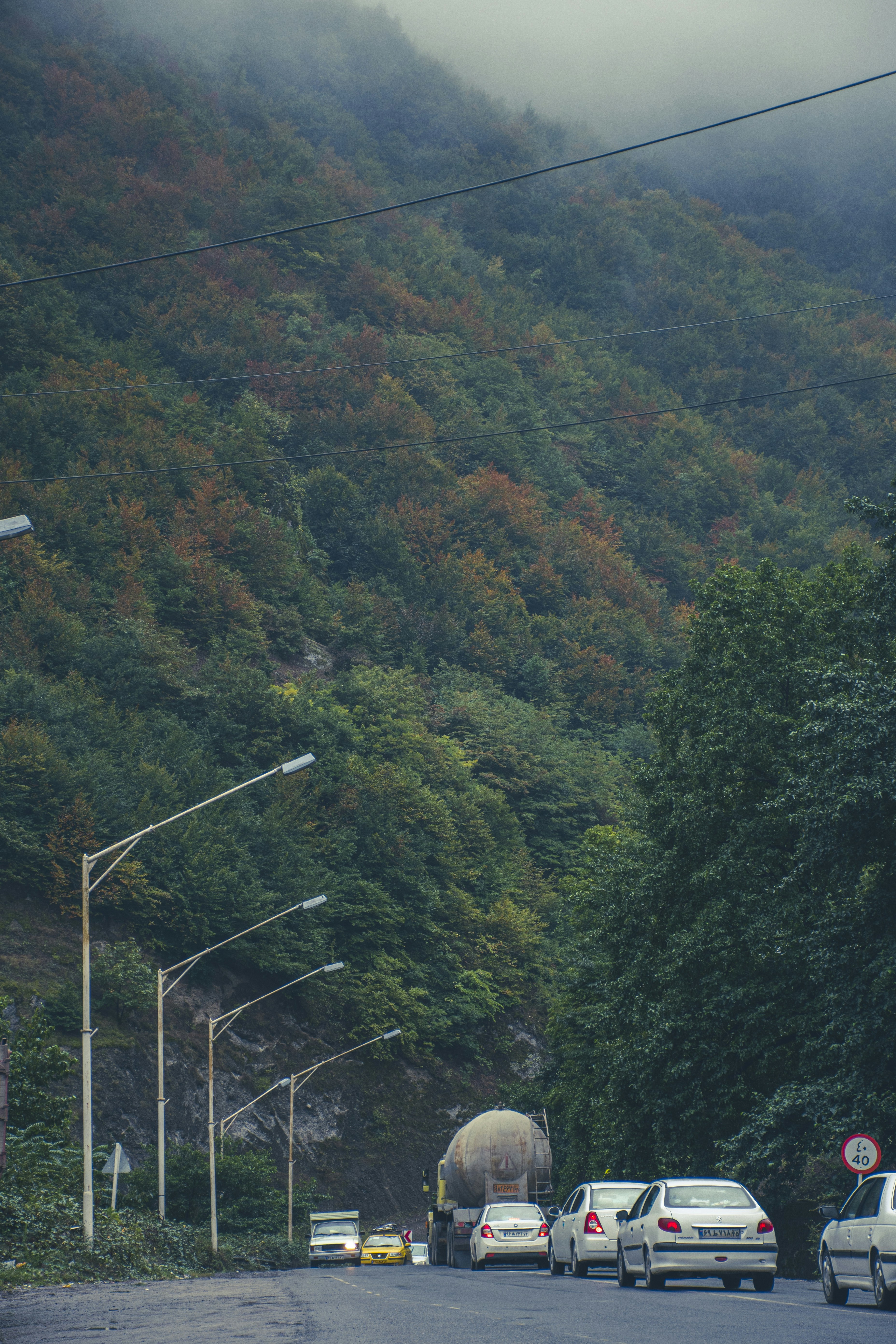 Vehicles travel along a winding mountain road framed by a dense autumn forest with misty hills above.
