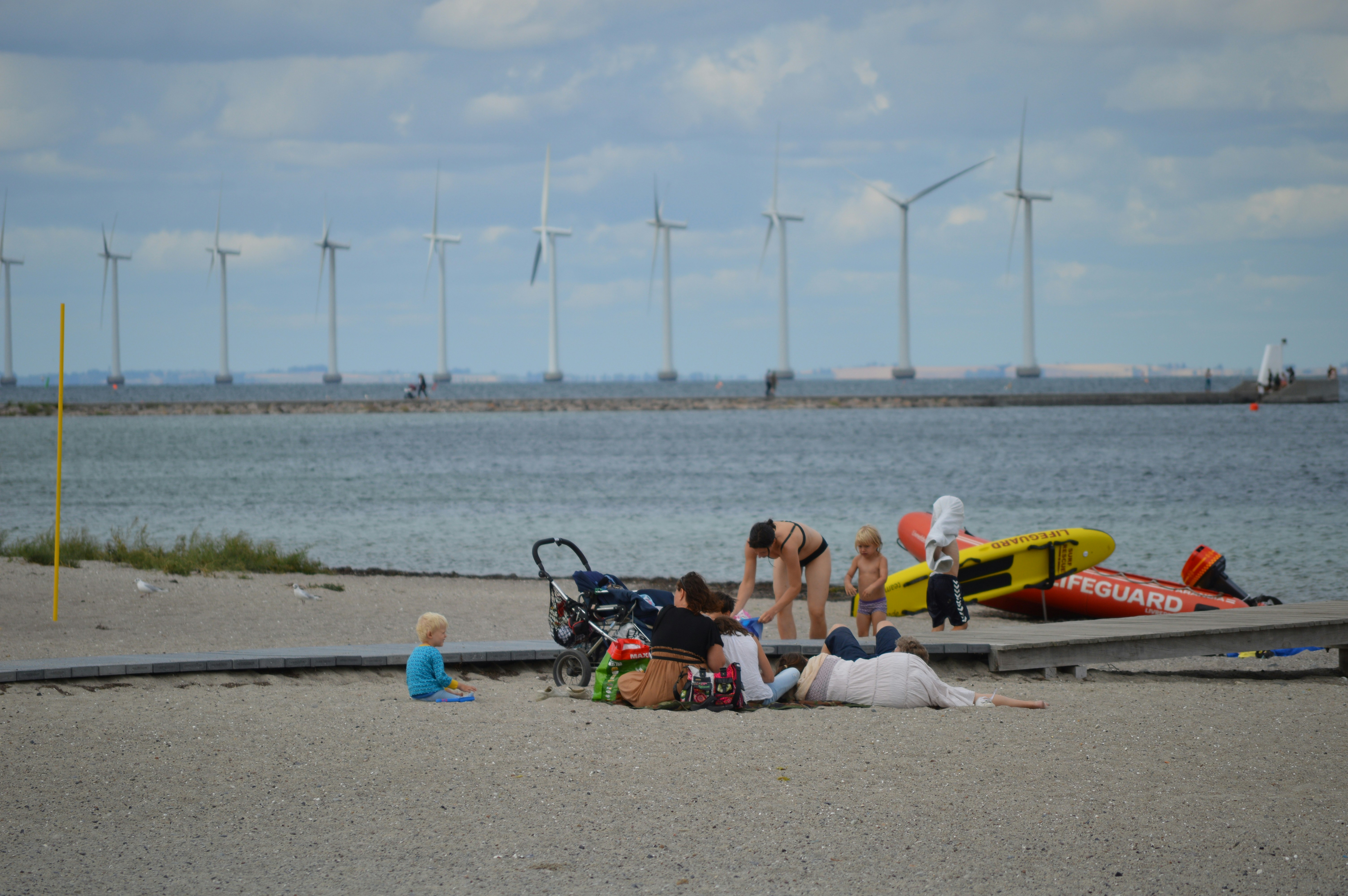 Family Gathering on a Wind-Swept Shore with Distant Wind Turbines