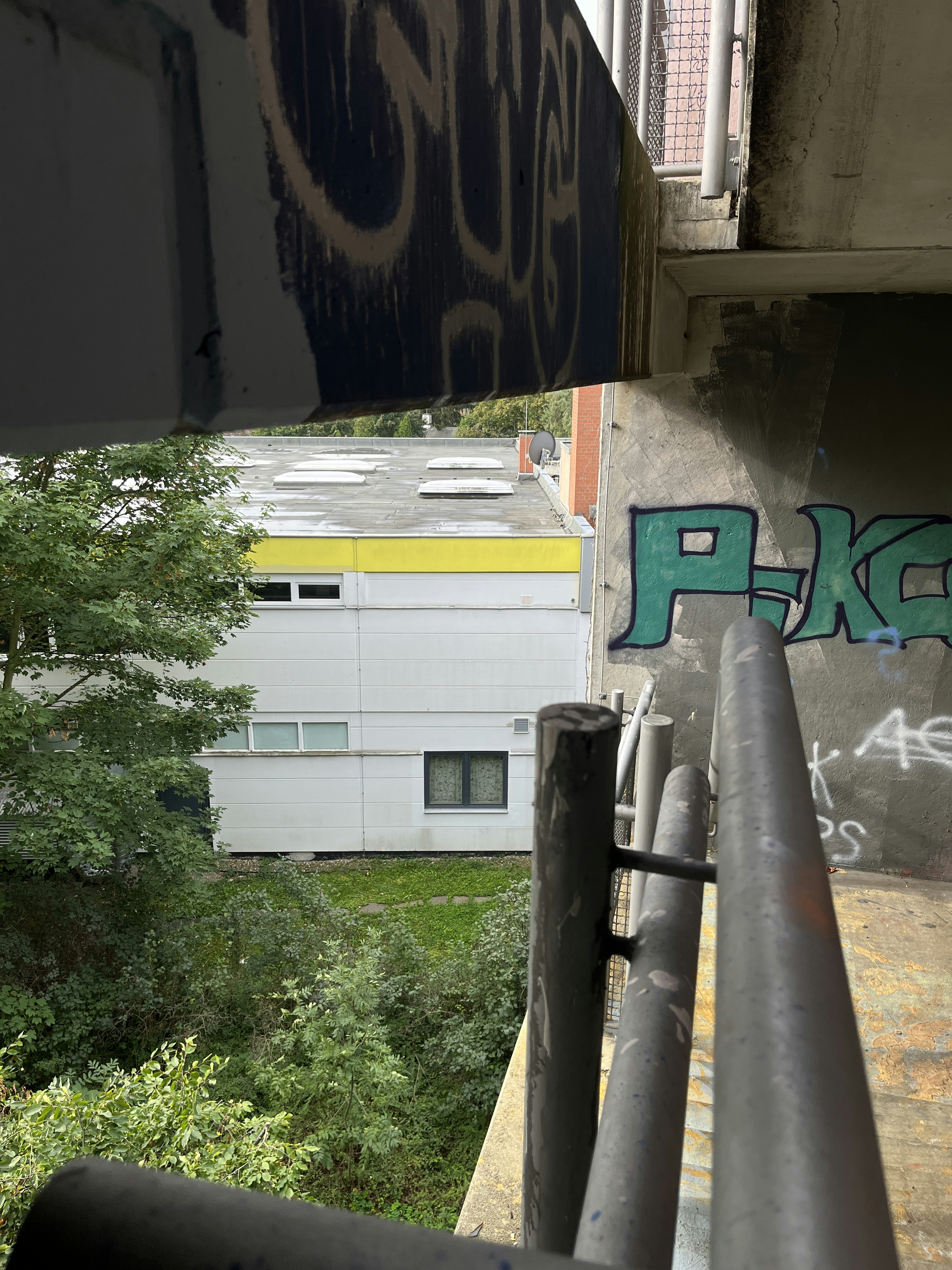 Rusted railing Framing a Graffiti-Laced Concrete Canvas