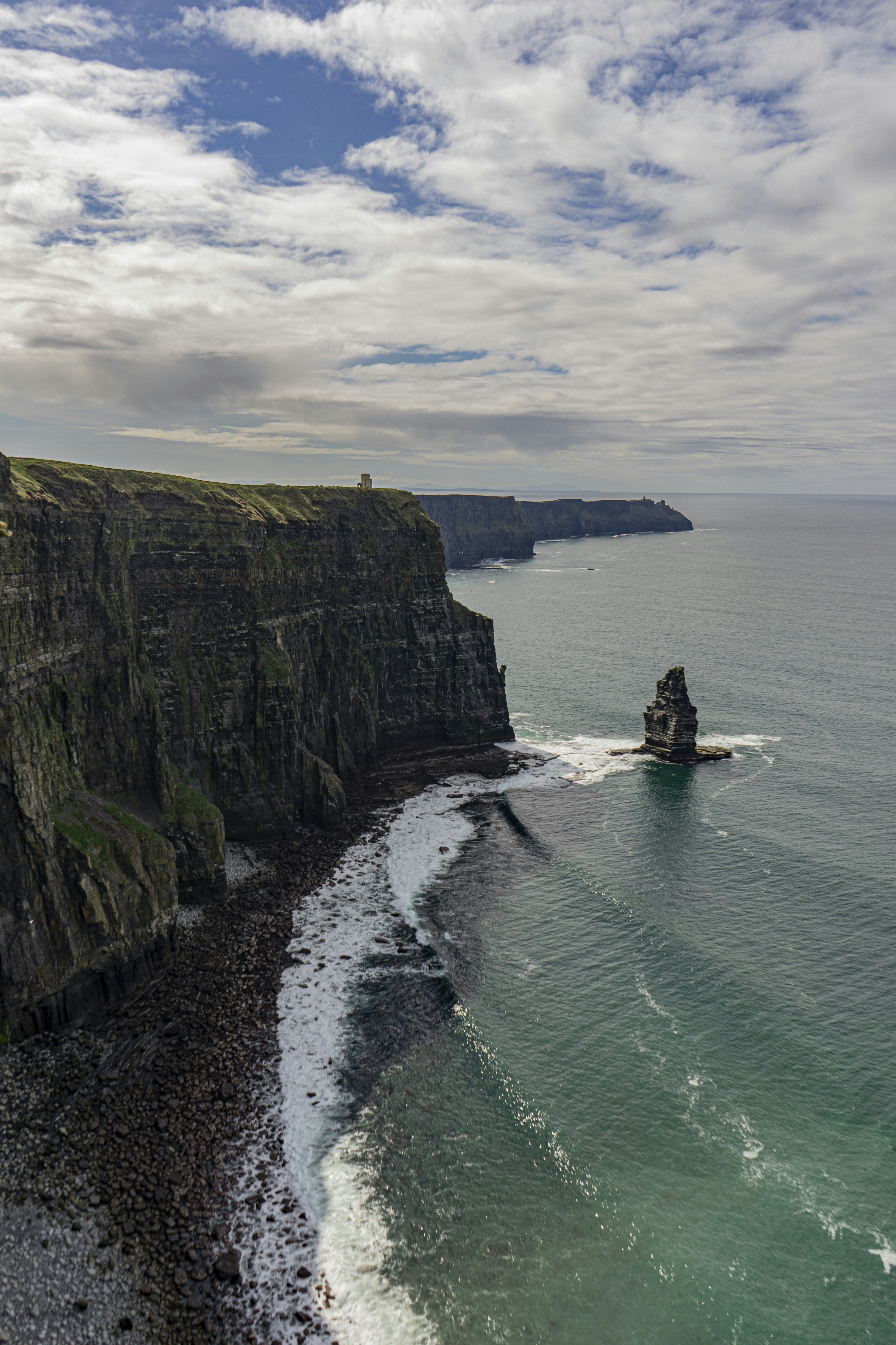 A cliff side with a body of water below with Cliffs of Moher in the ...