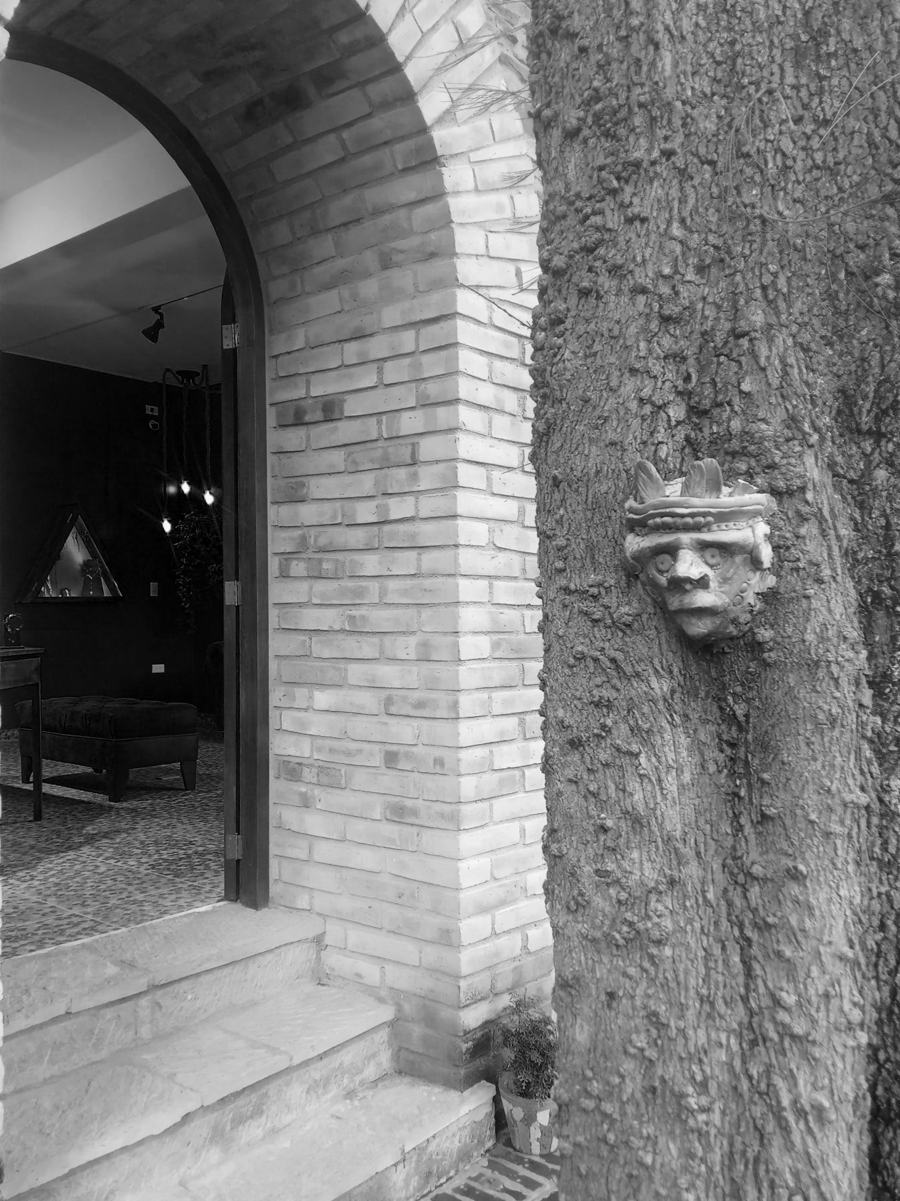 The Gatekeeper in Bark: Carved Face Beside a Brick Arch
