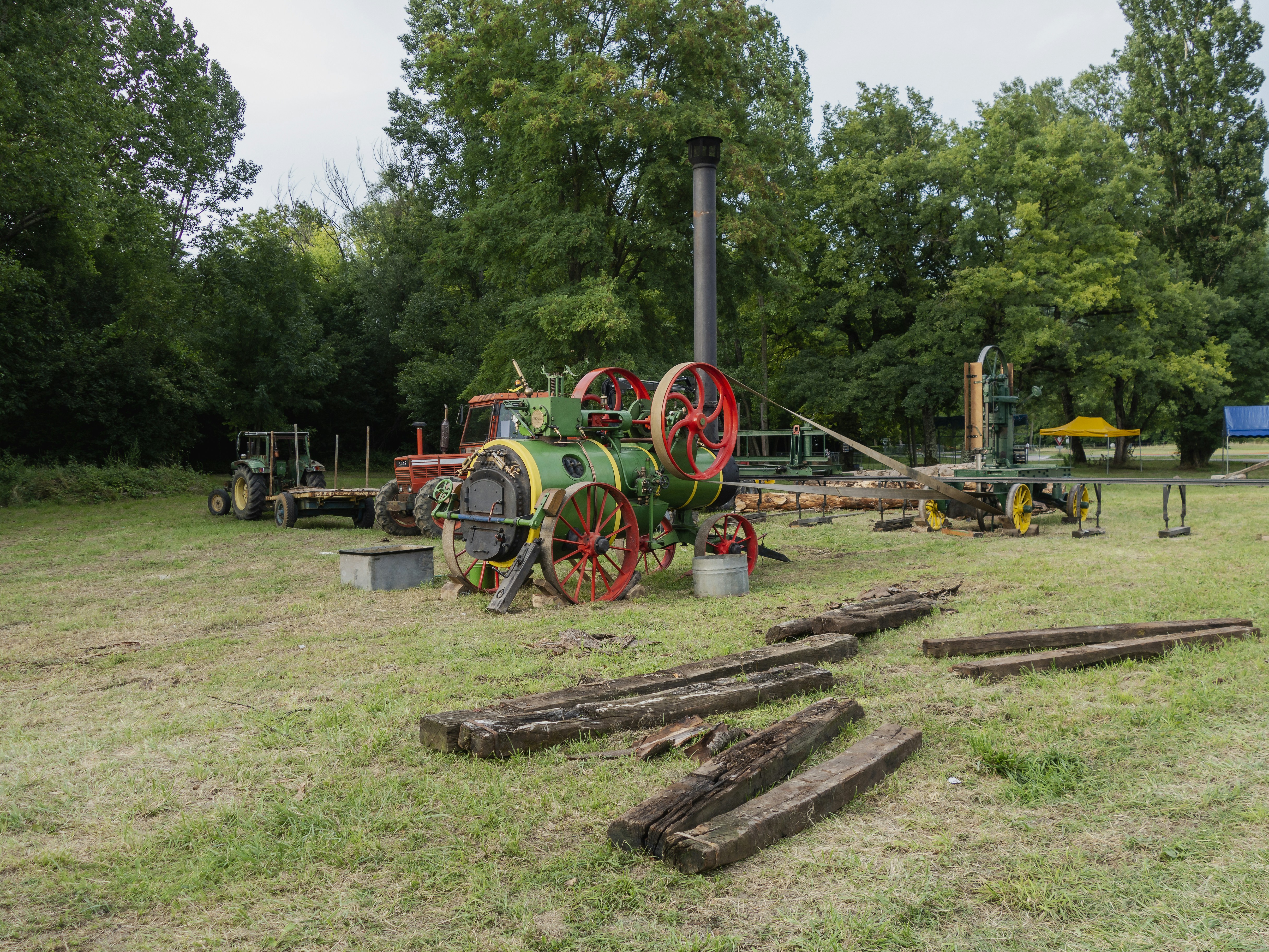 Red-Wheeled Steam Engine Presides Over a Meadow of Weathered Timber