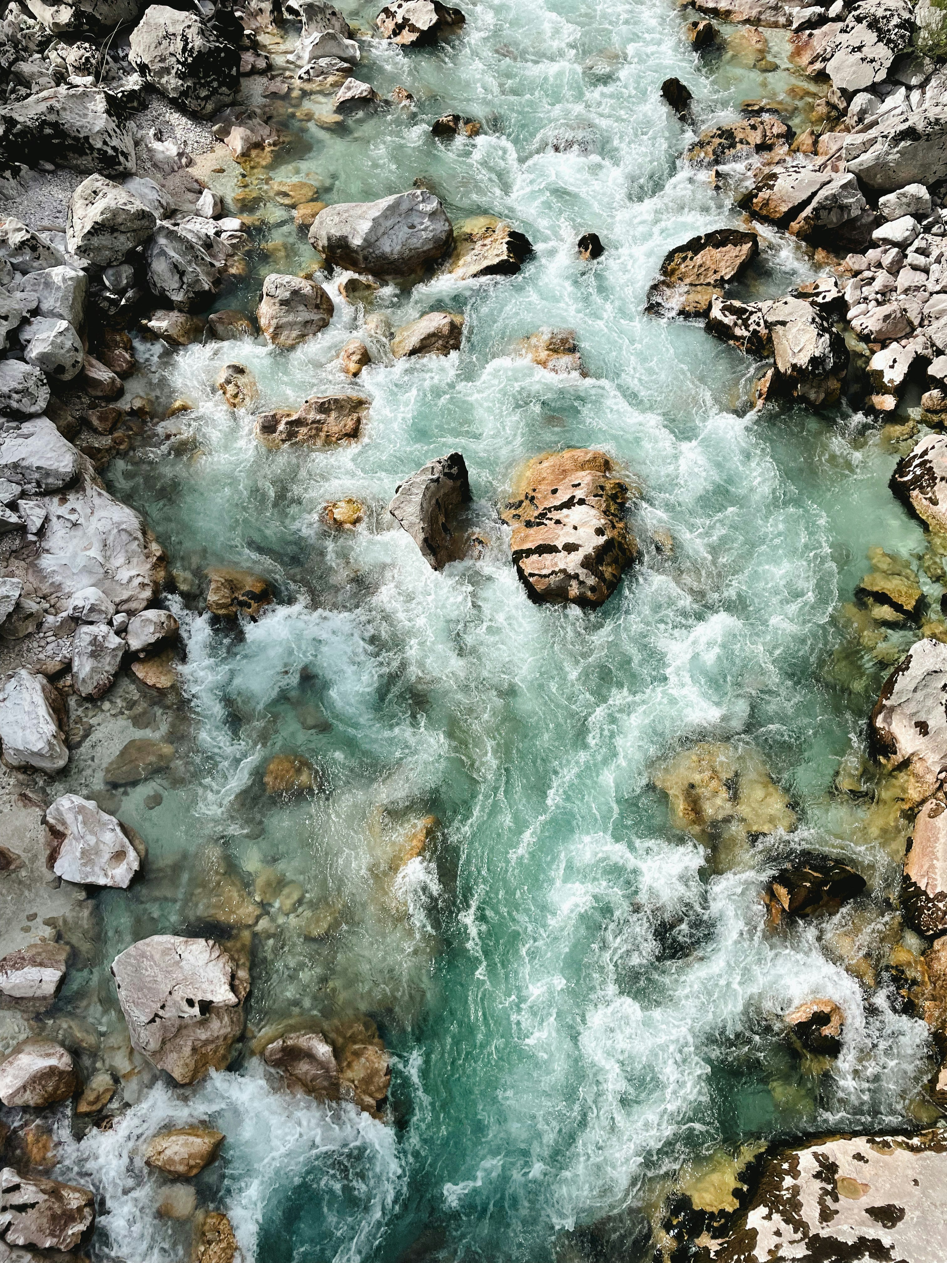 Turquoise river flowing over rocky bed, surrounded by smooth stones and gentle rapids.
