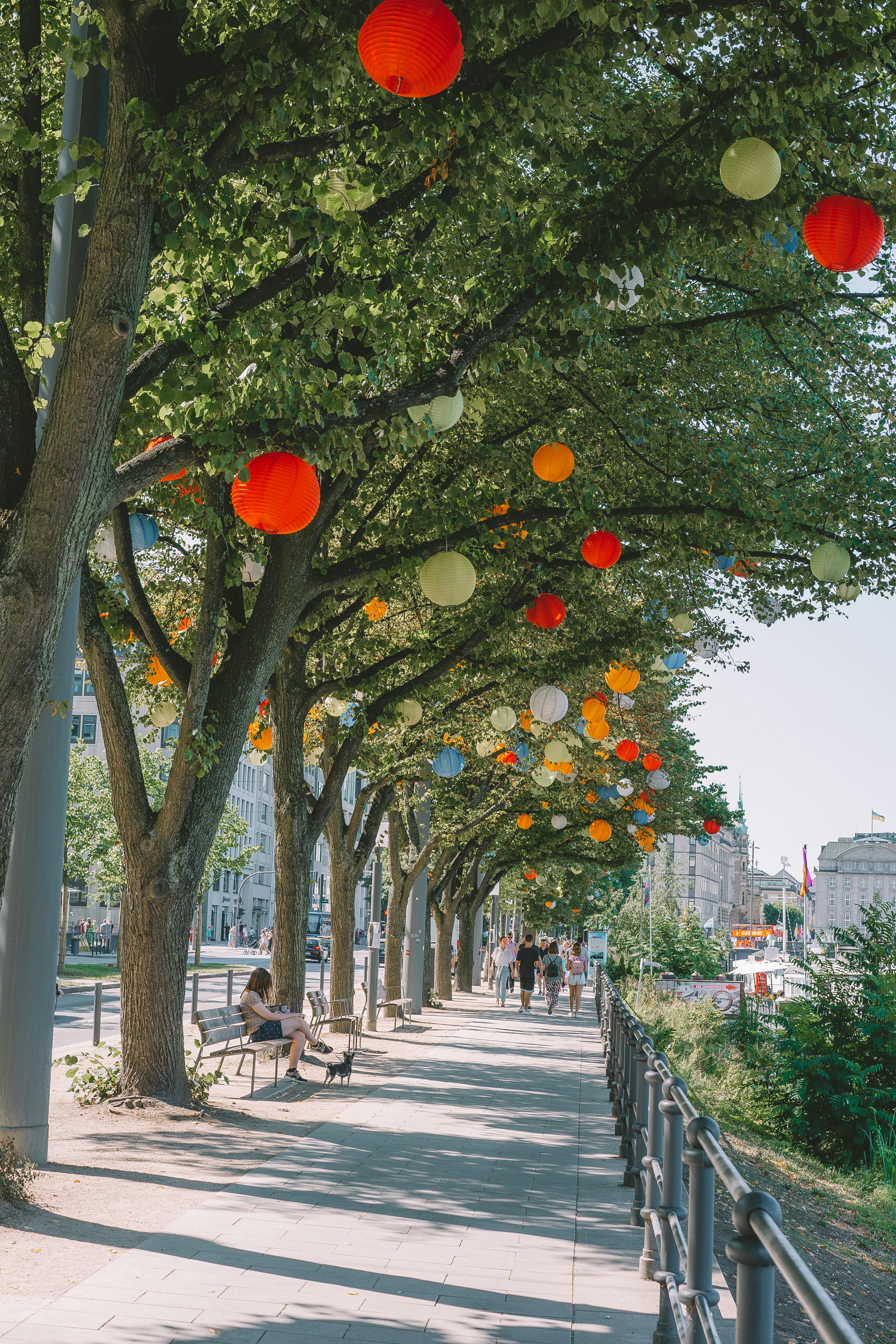 A group of people sitting on a bench under a tree with lanterns from it ...