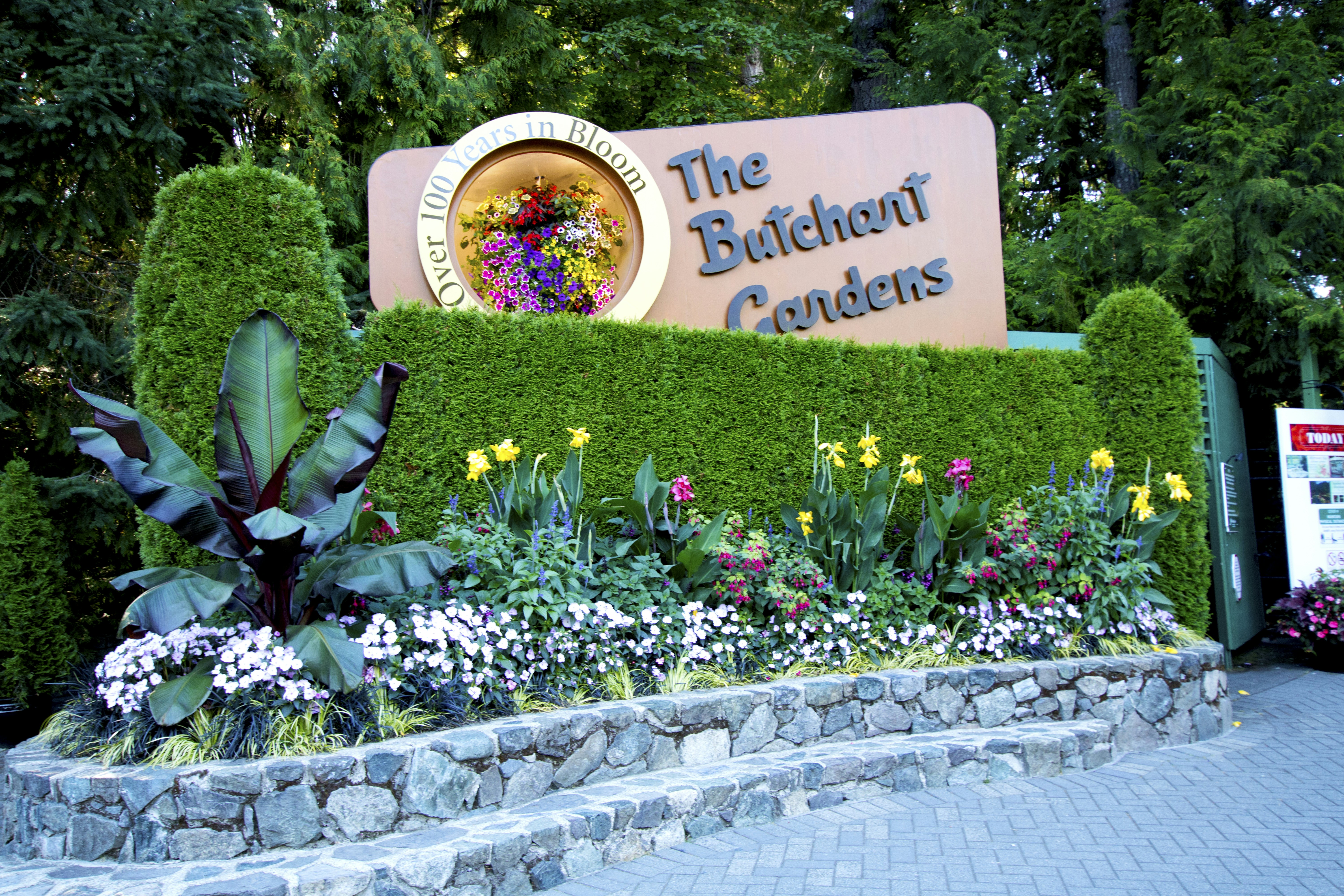 Sign for The Butchart Gardens surrounded by vibrant flowers and neatly trimmed hedges.
