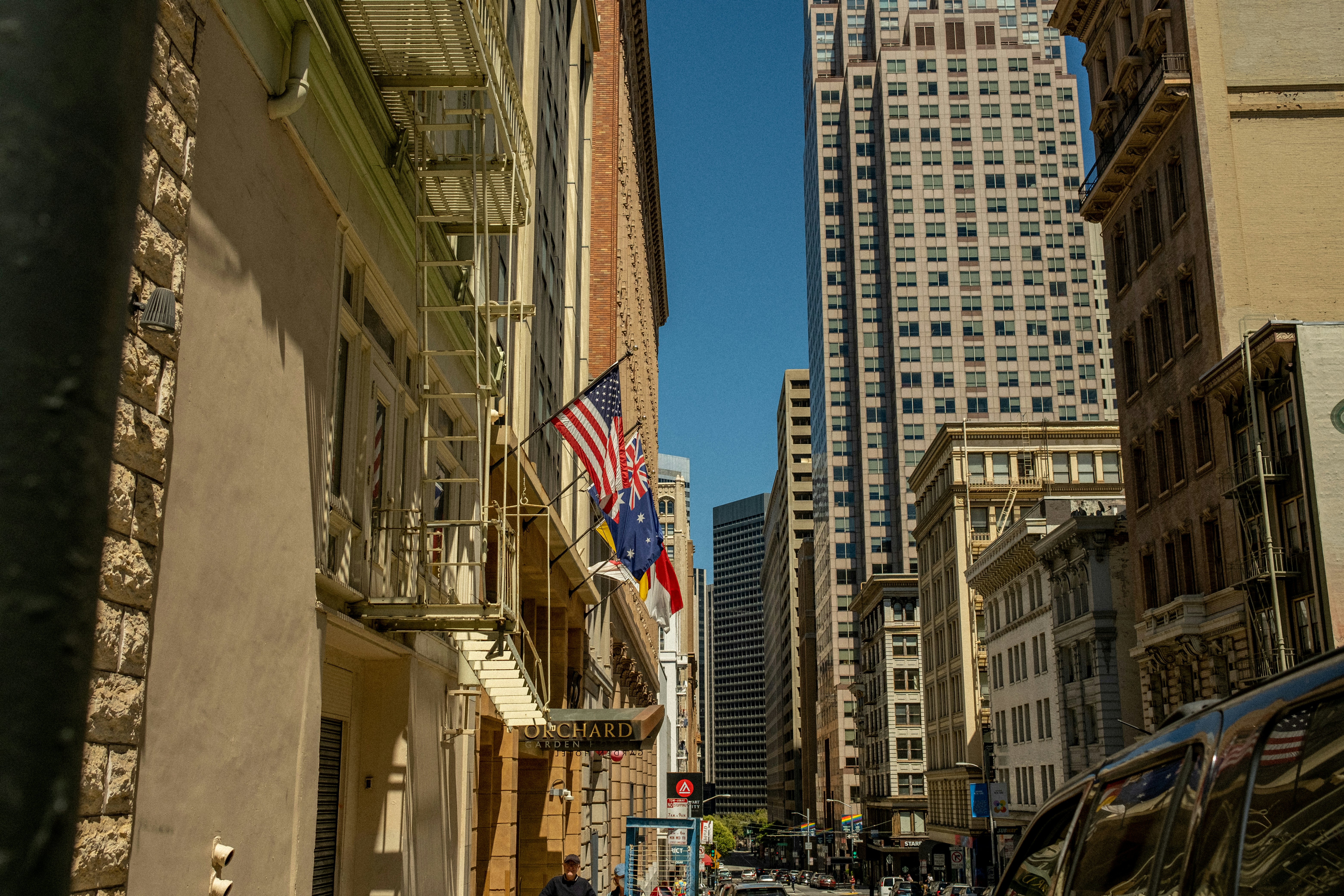 Flag Corridor: Street Toward a Cityline Skyline