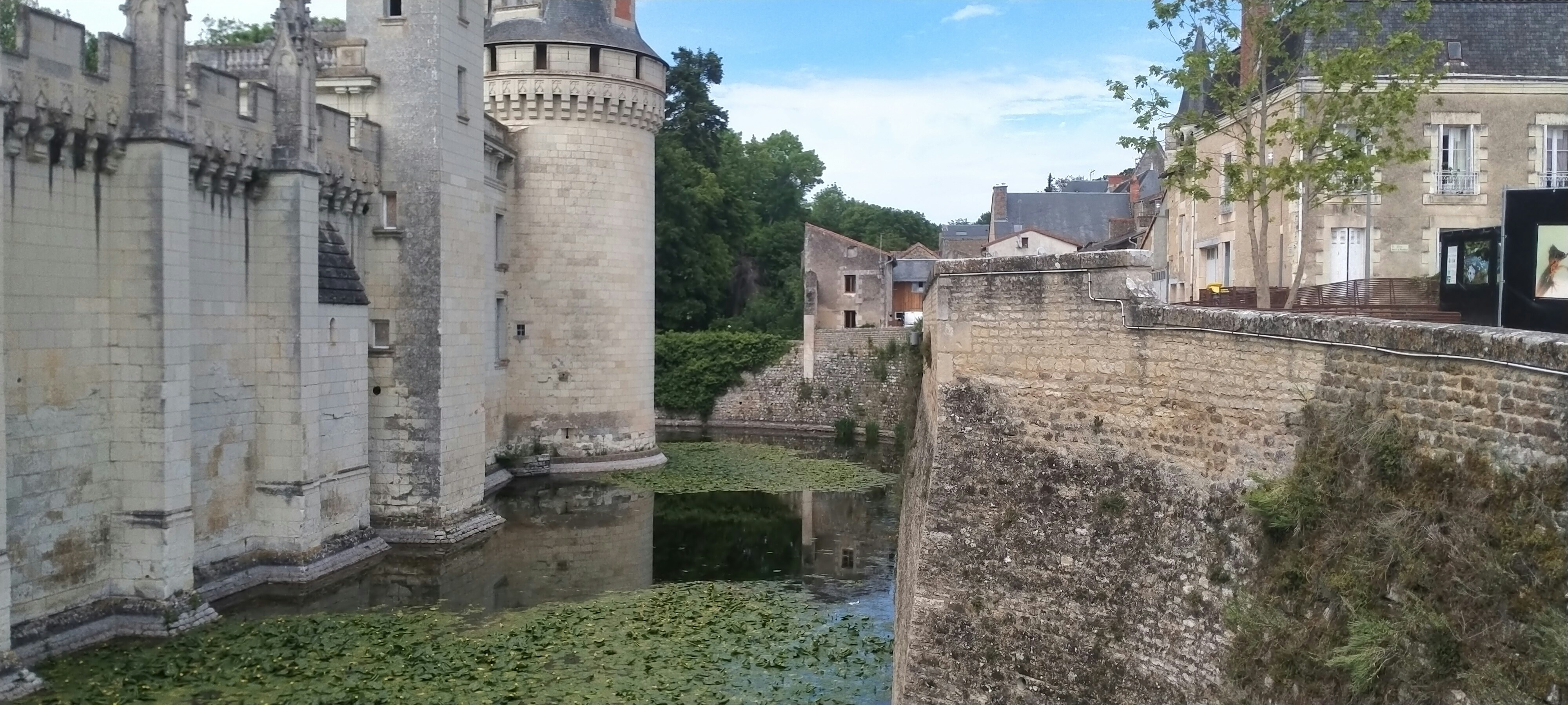 Historic stone castle with a round tower overlooking a serene moat and adjacent village buildings.