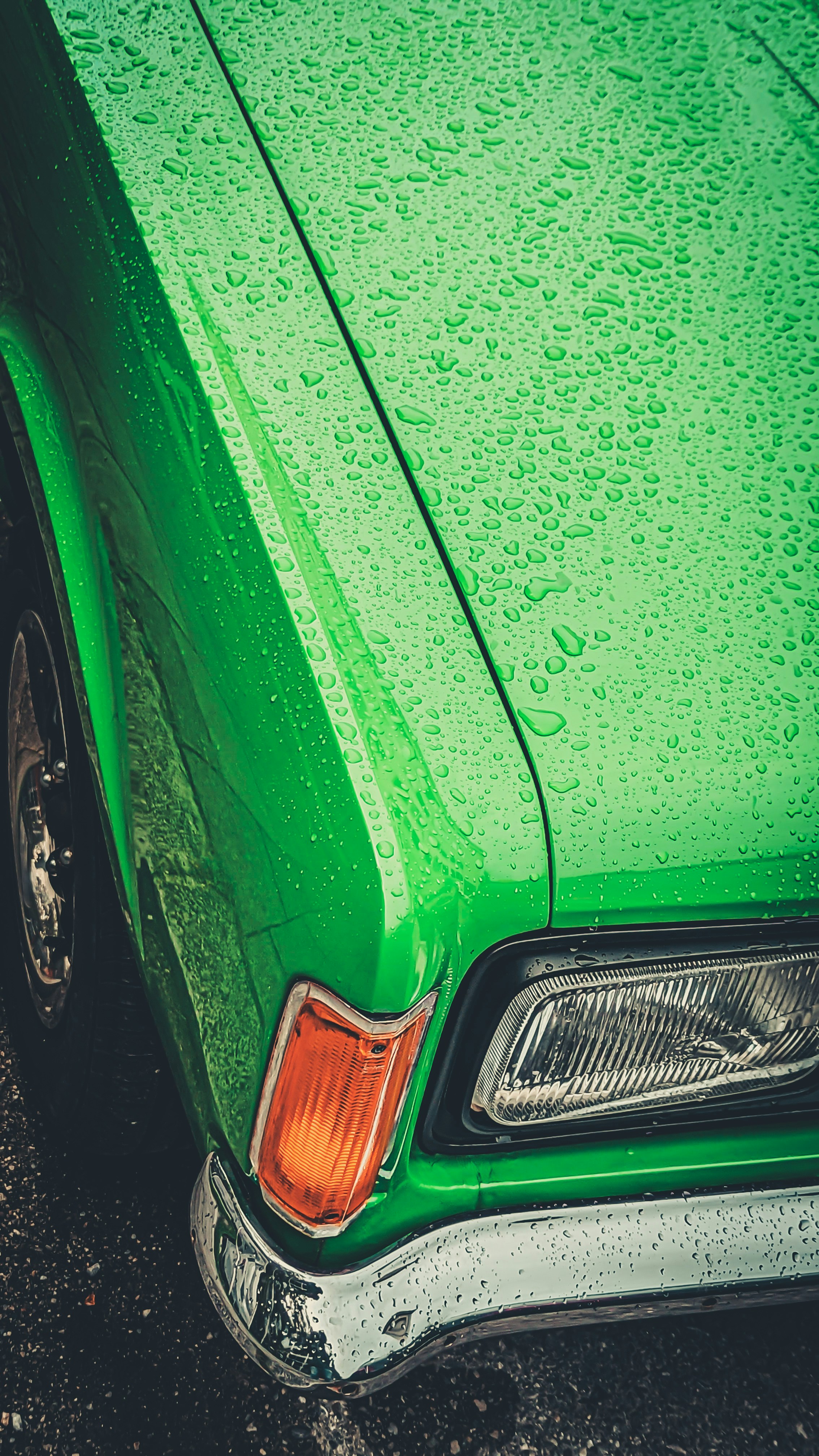 Close-up of a vibrant green classic car hood adorned with raindrops, showcasing its glossy finish and chrome details.