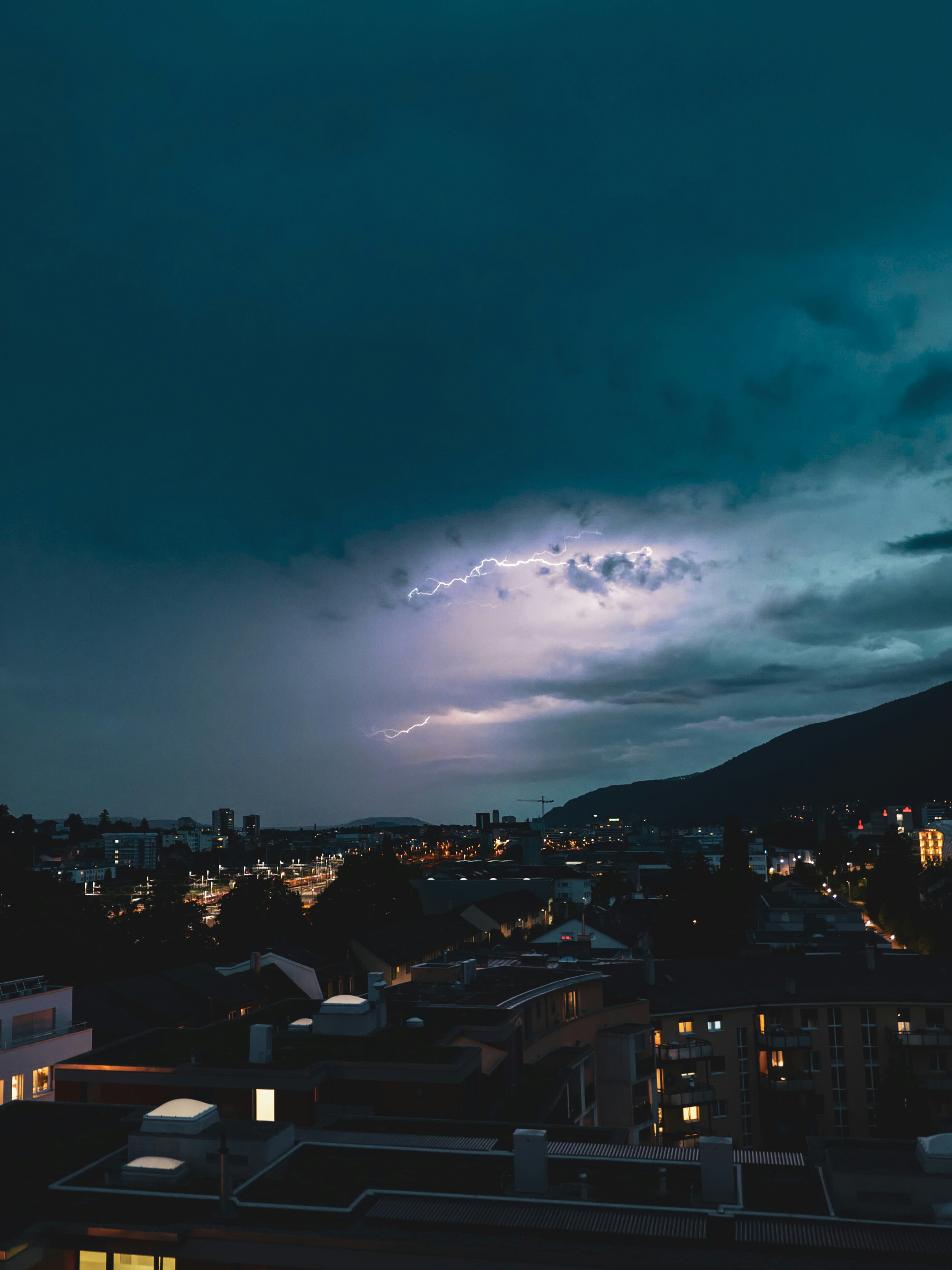 Electric Veil over a City: Lightning Splits the Storm Above Rooftops
