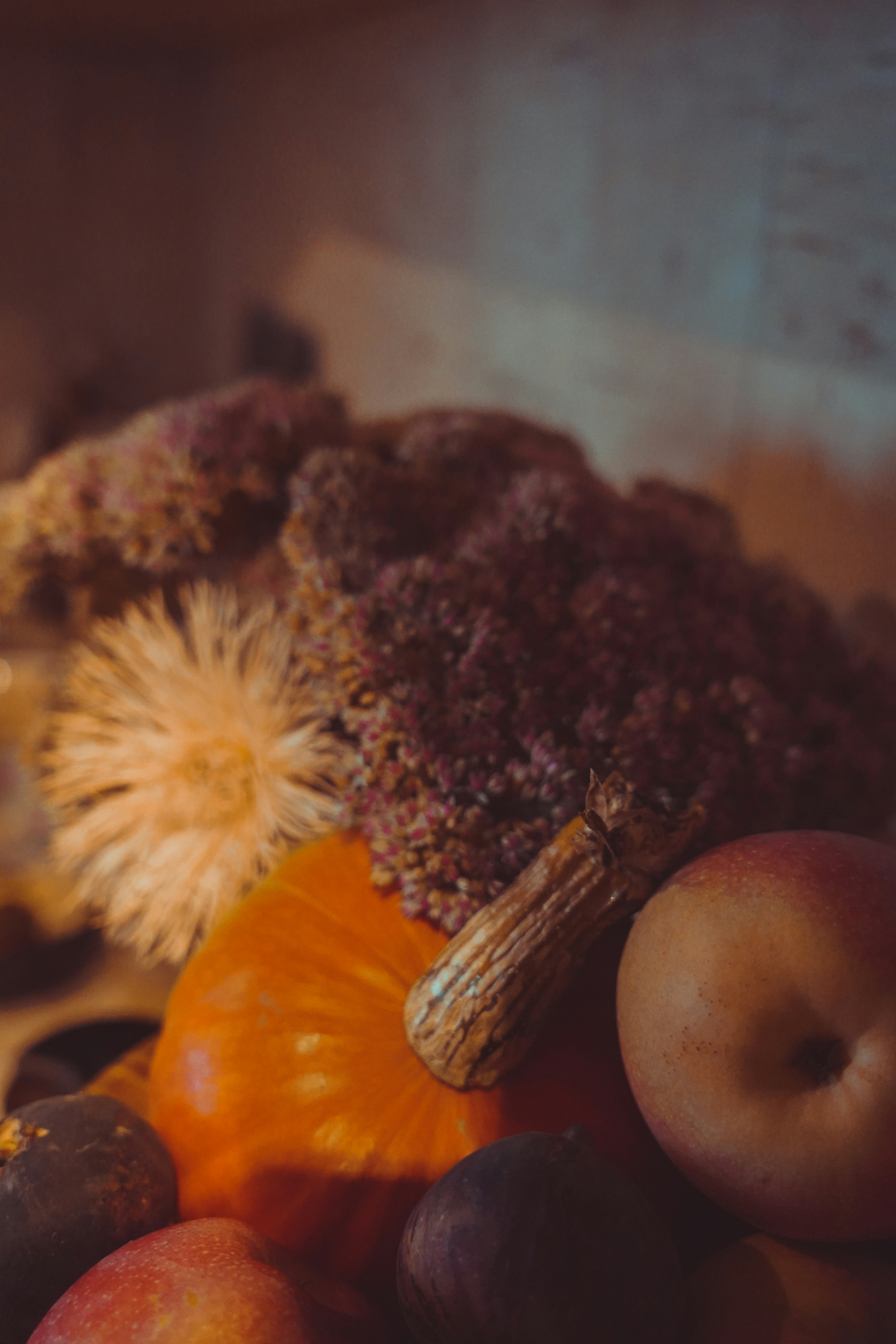 Autumn Harvest Still Life: Pumpkins, Pomace, and Dried Blooms