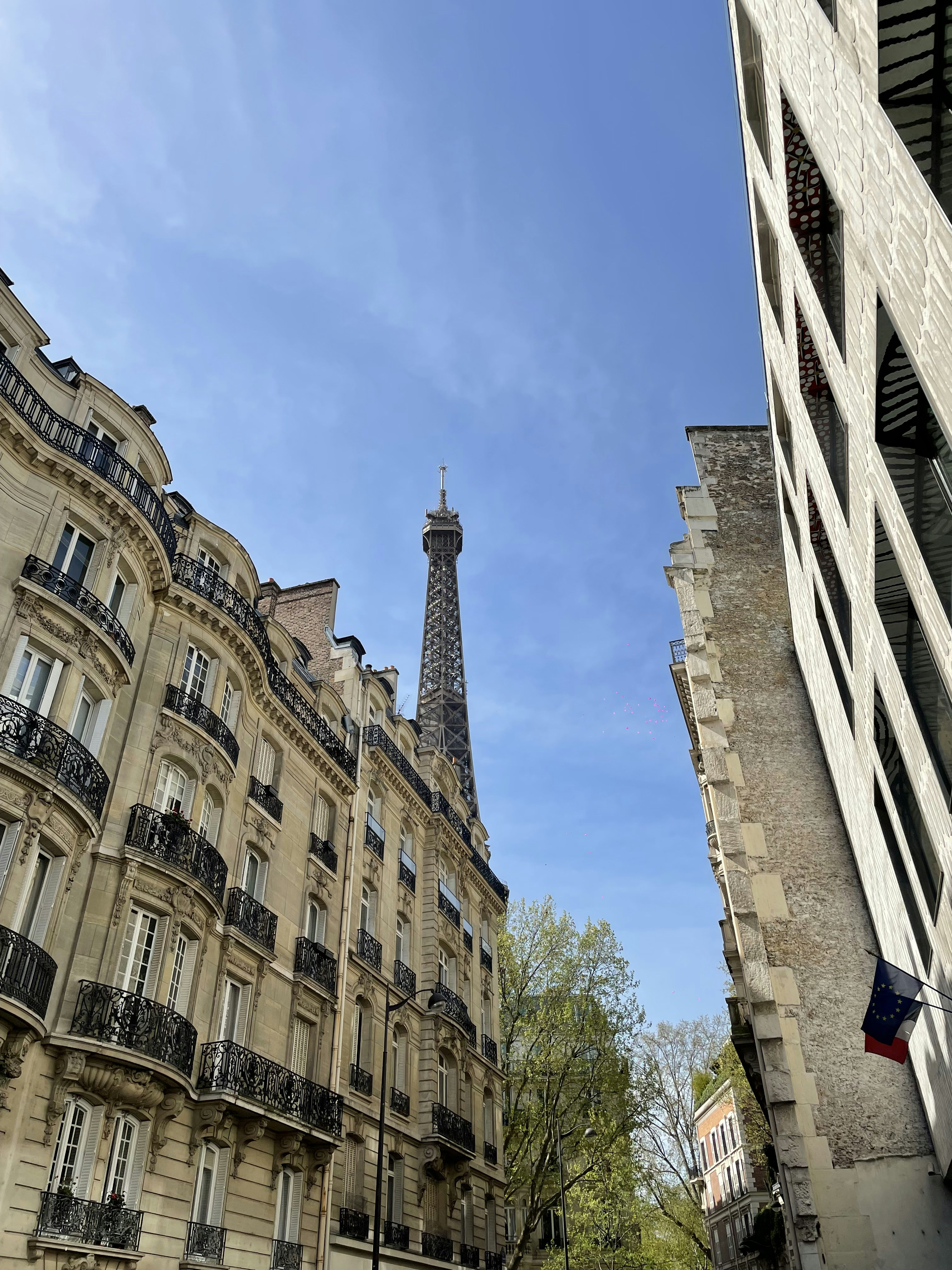 Eiffel Tower rising above traditional Parisian buildings under a clear blue sky.