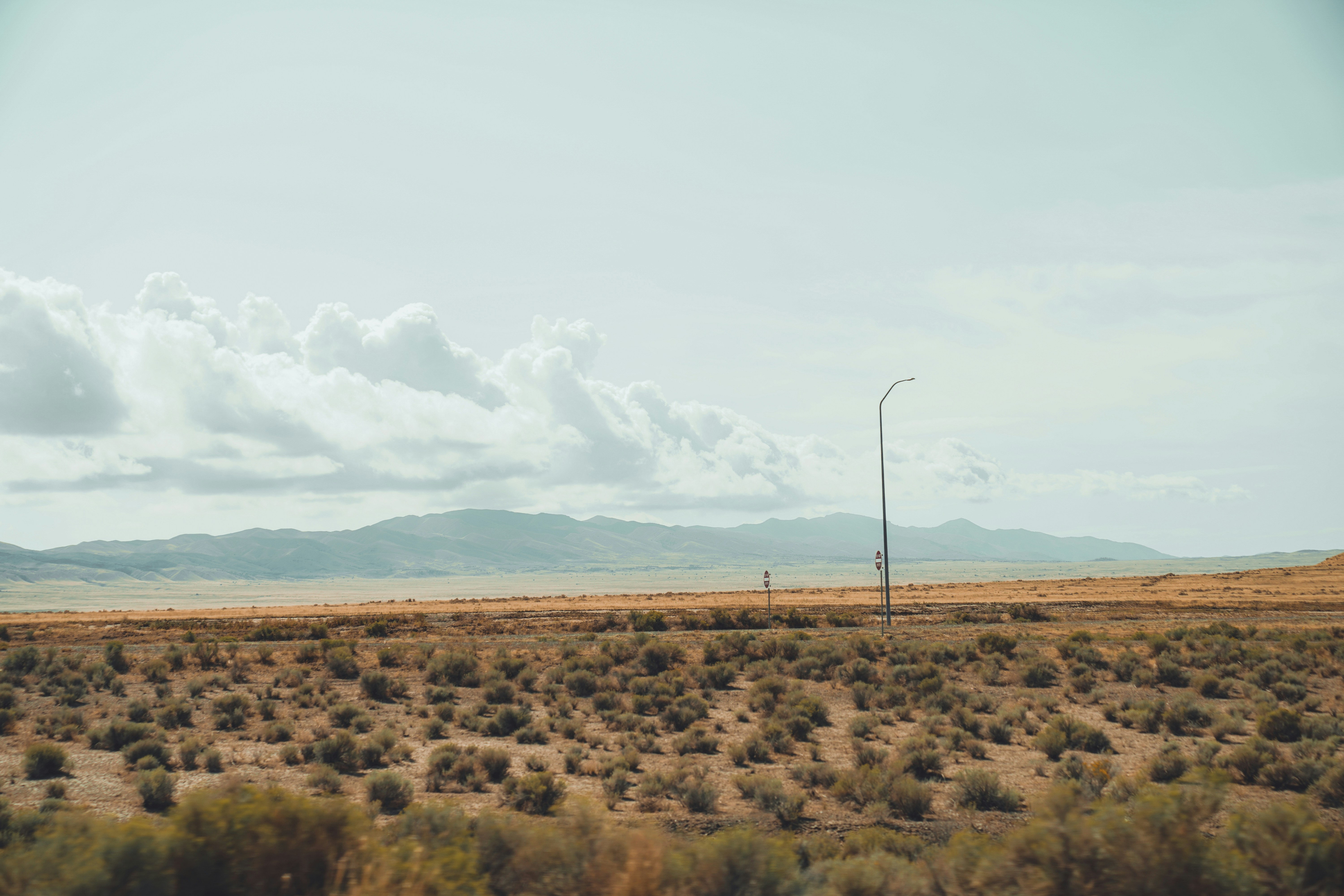 Expansive desert terrain under a cloudy sky, featuring sparse vegetation and distant mountains. A solitary streetlight stands amidst the vastness.