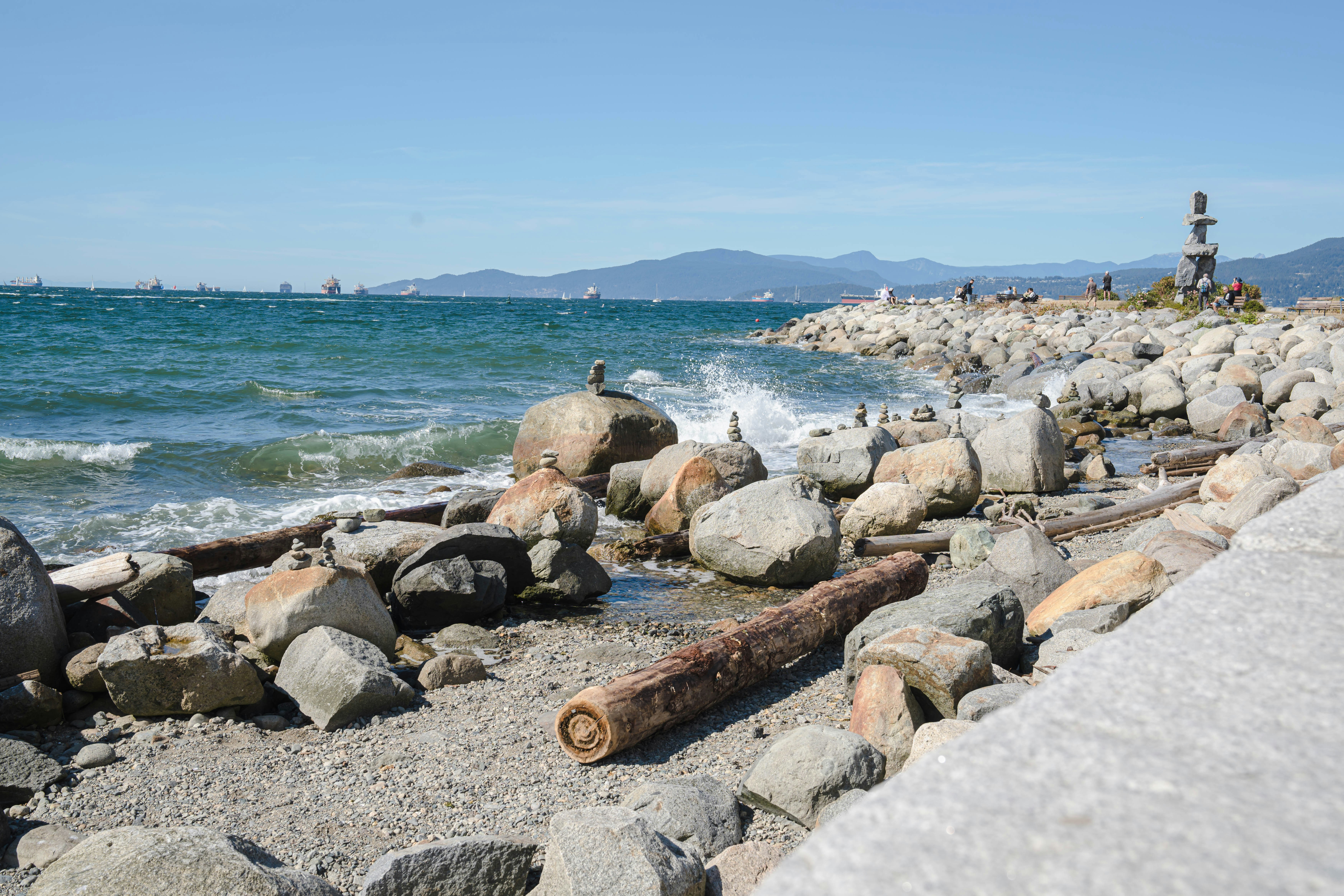 Driftwood Line Across a Granite Shore Beneath a Blue Horizon