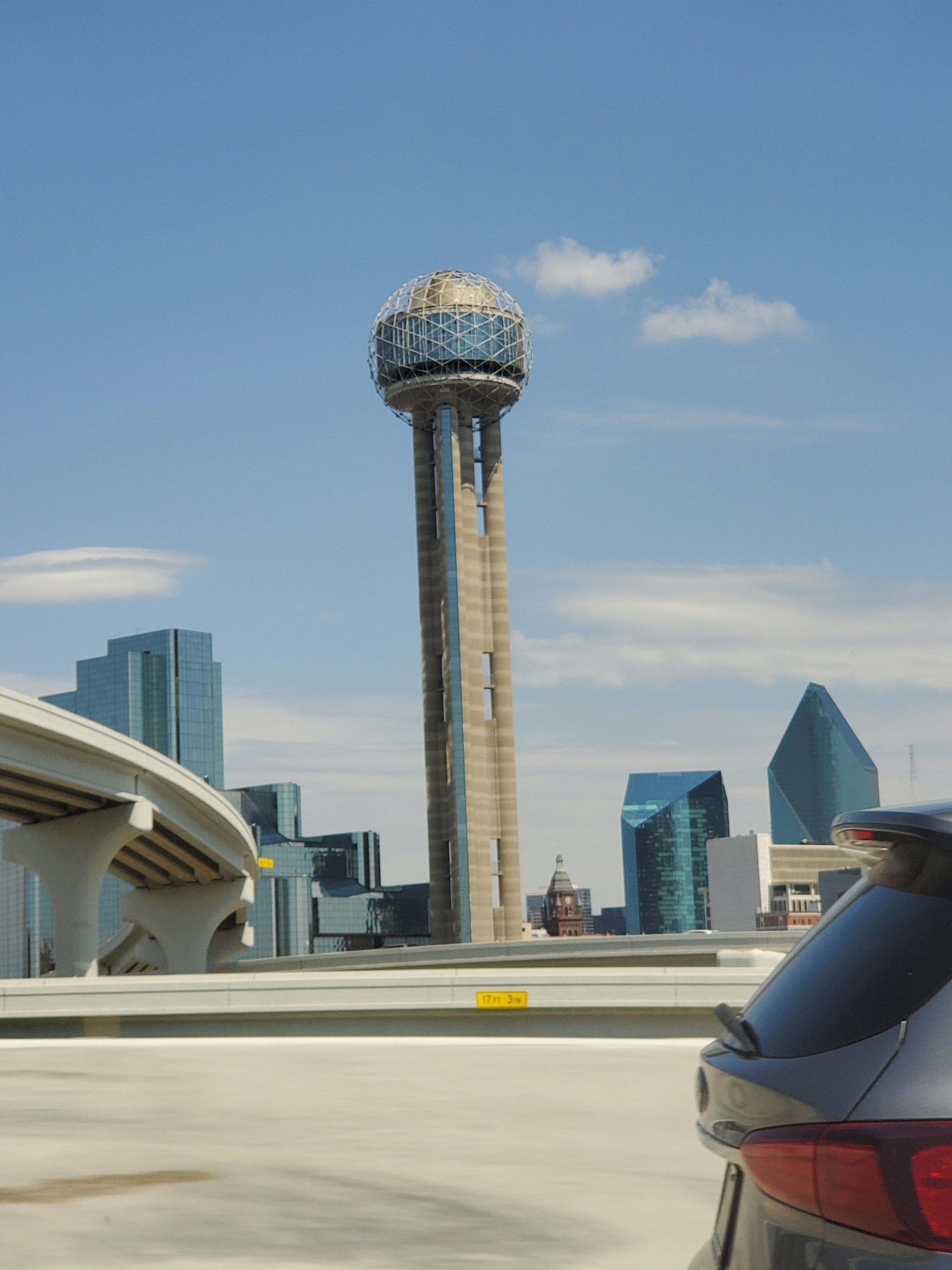 Geodesic Sphere Above Dallas Skyline: Tower and Freeways in Daylight