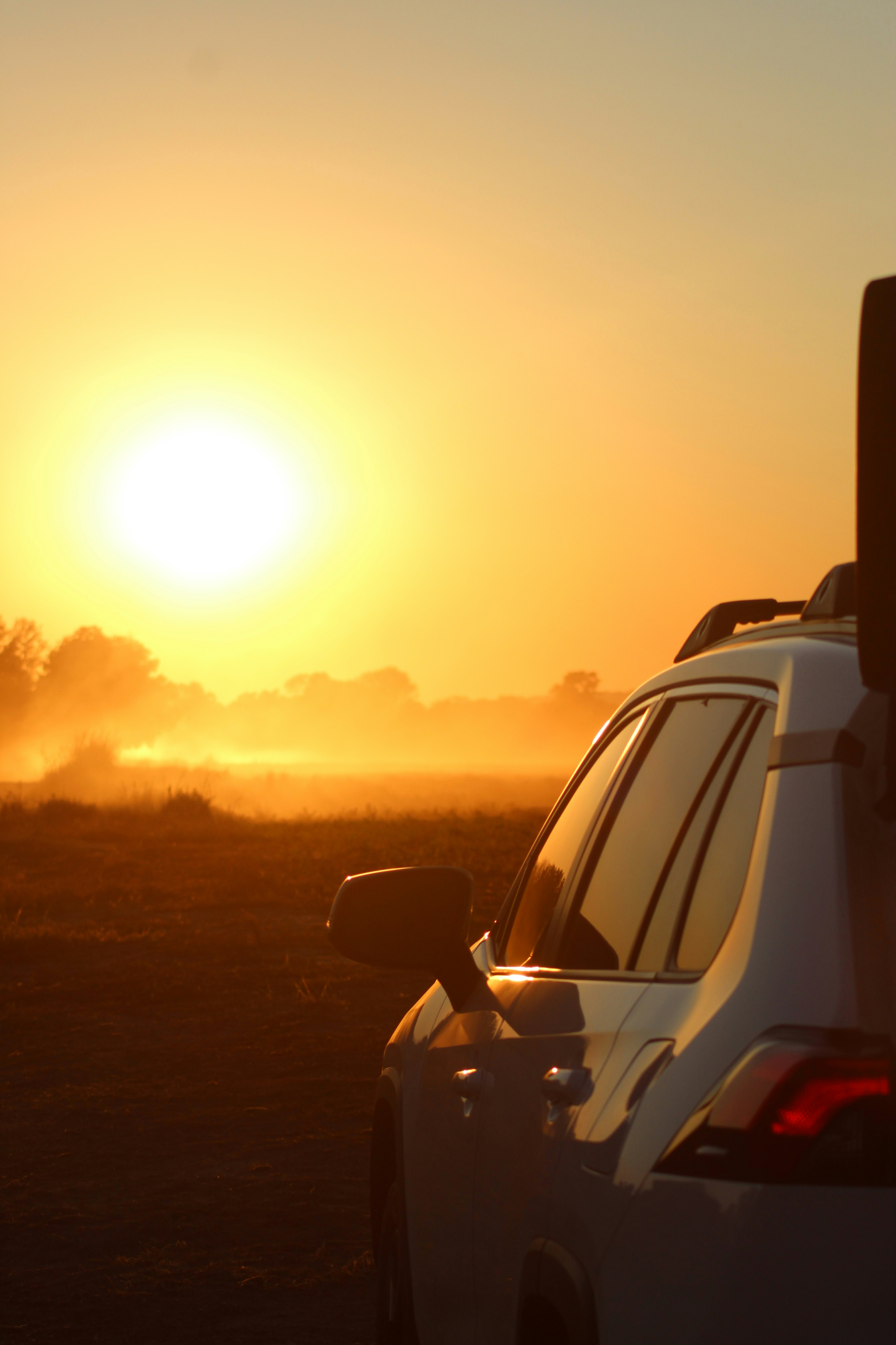 Dawn's Edge: A White SUV Basks in a Misty Sunrise
