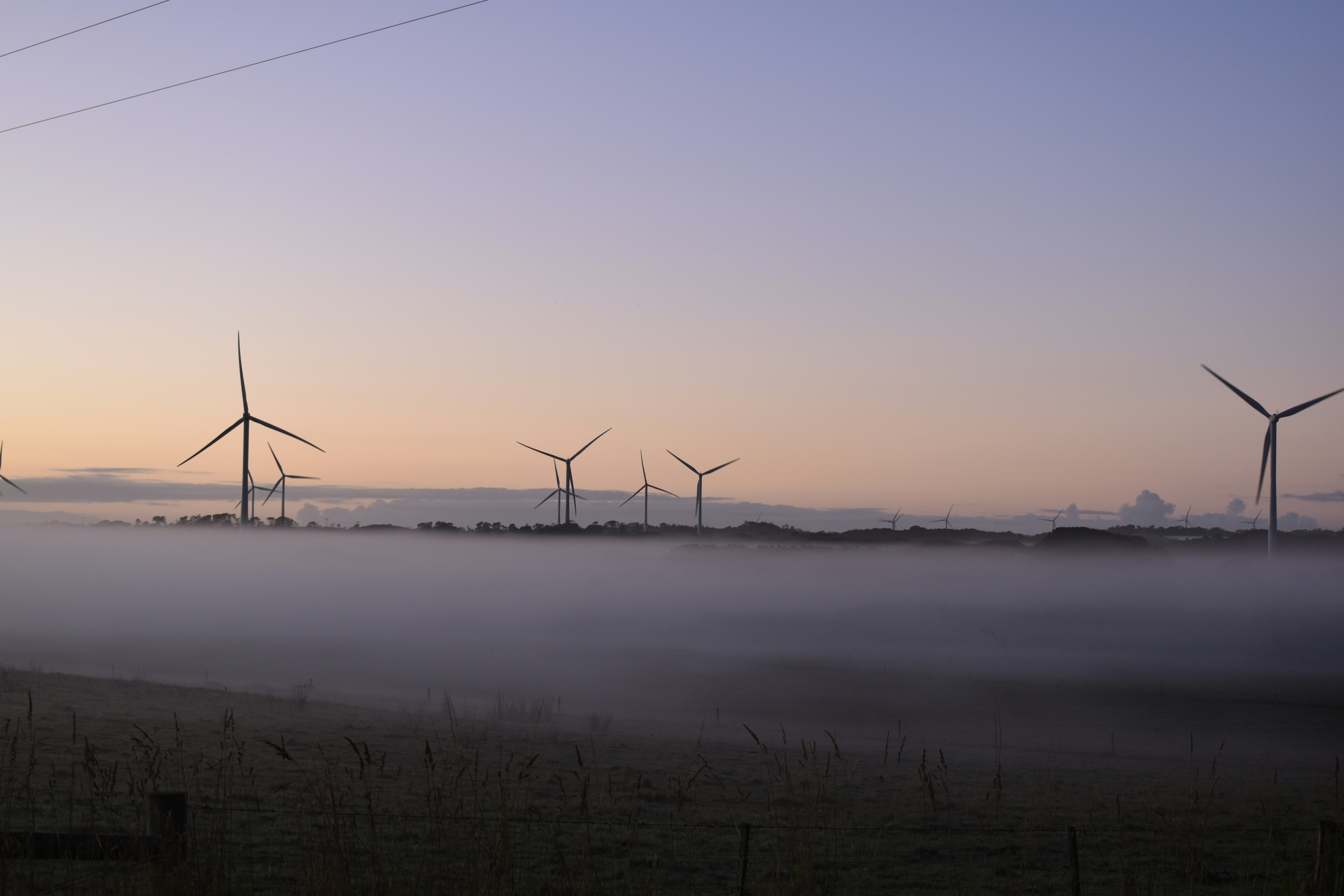 A group of windmills in a foggy field photo – Free Portland west ...