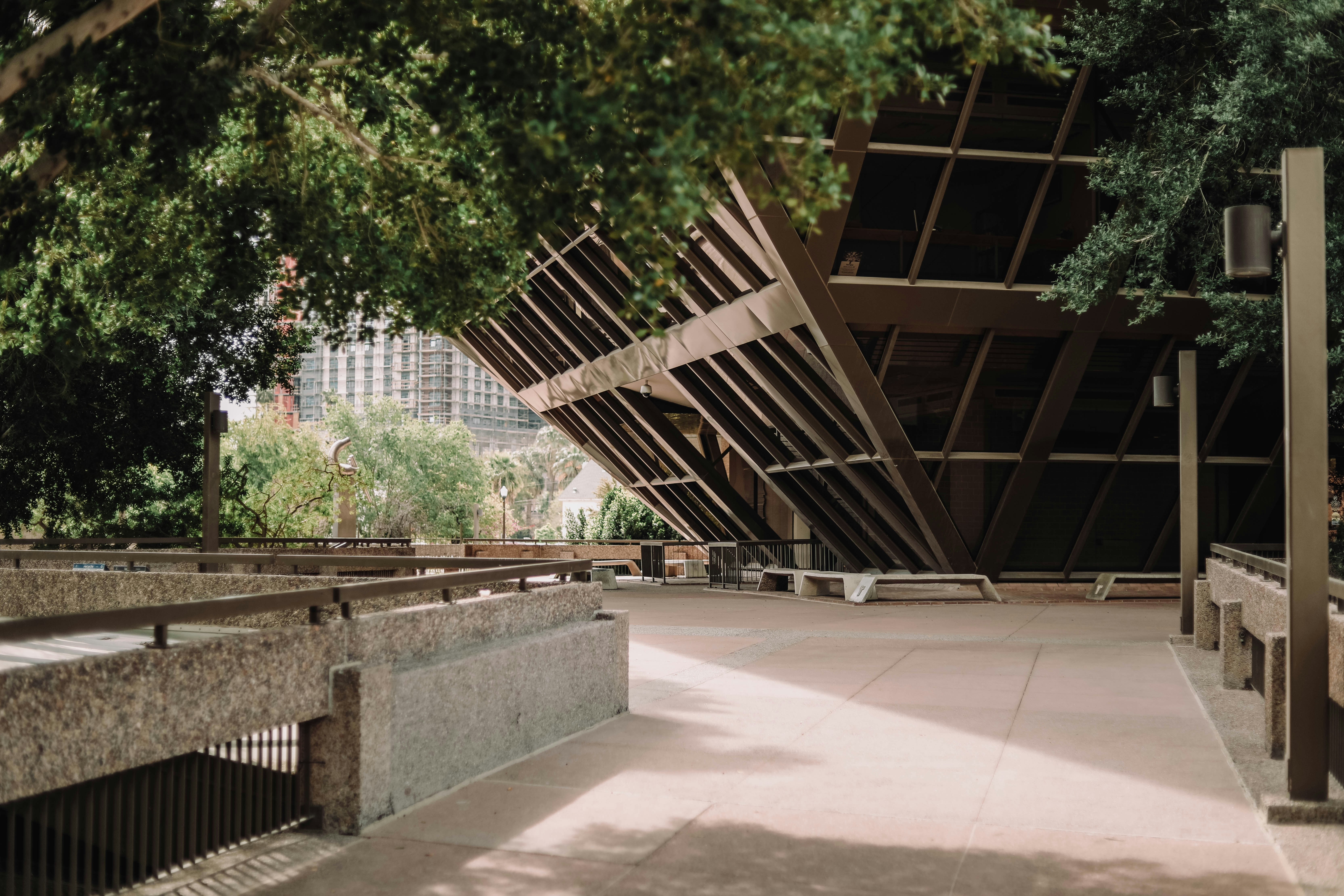 Concrete walkway beneath a modern, angular bridge surrounded by lush green trees.