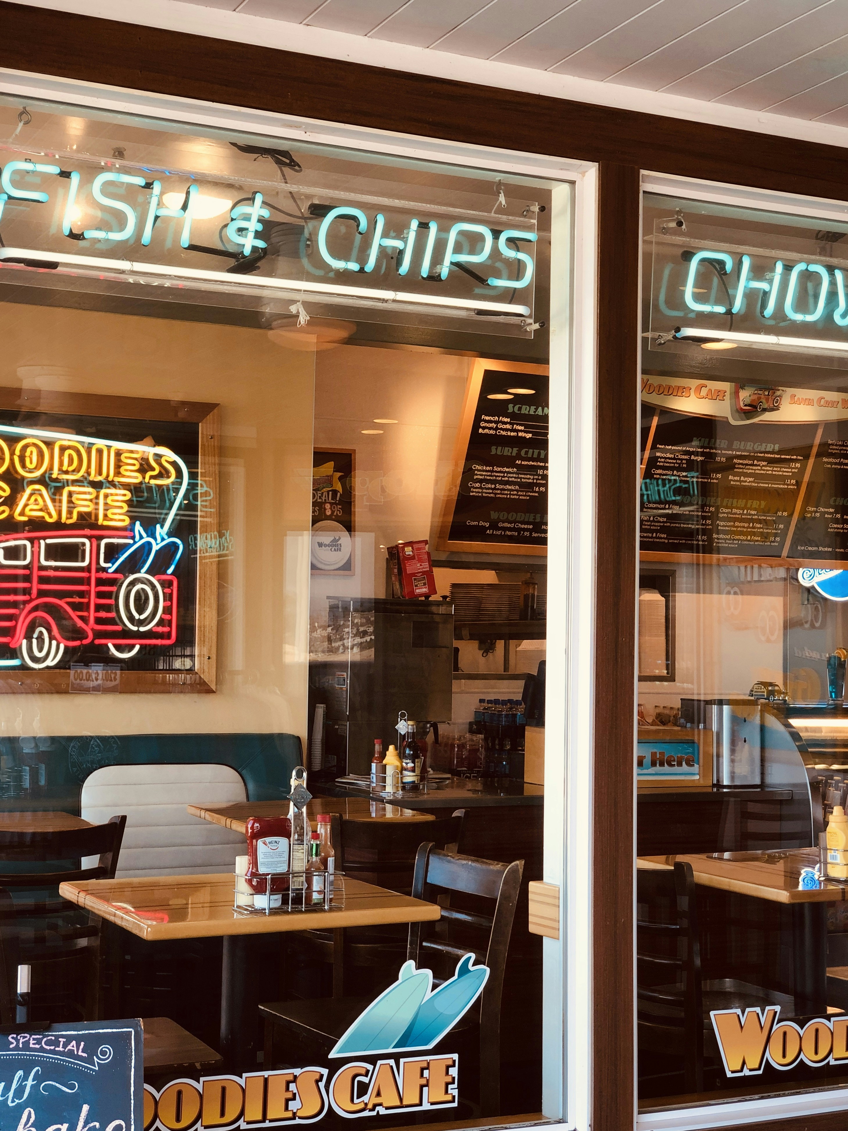 Neon and Nooks: A Café Window Scene