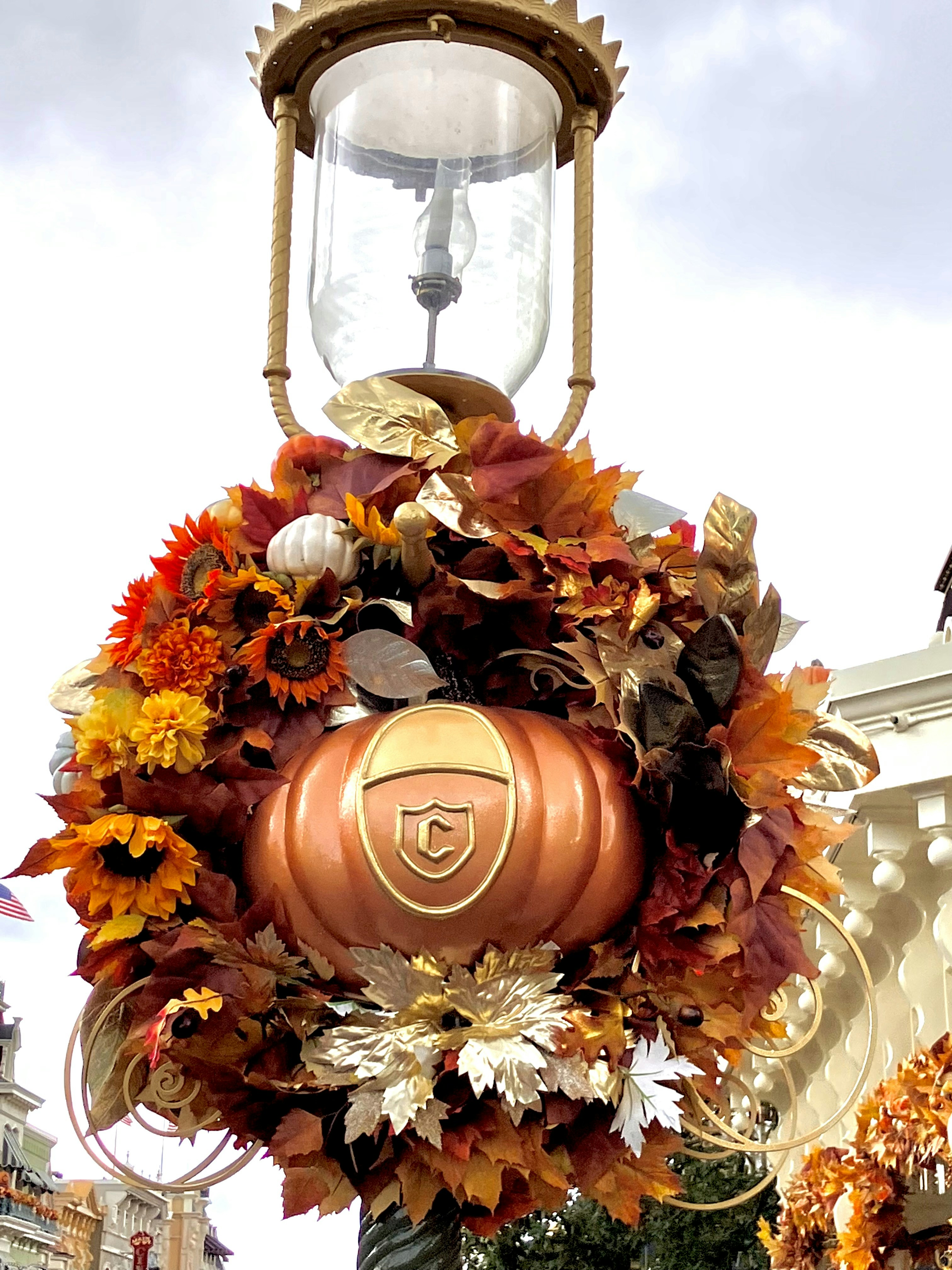 Autumn Lantern Bloom: A Pumpkin Rosette Adorns the Street Lamp