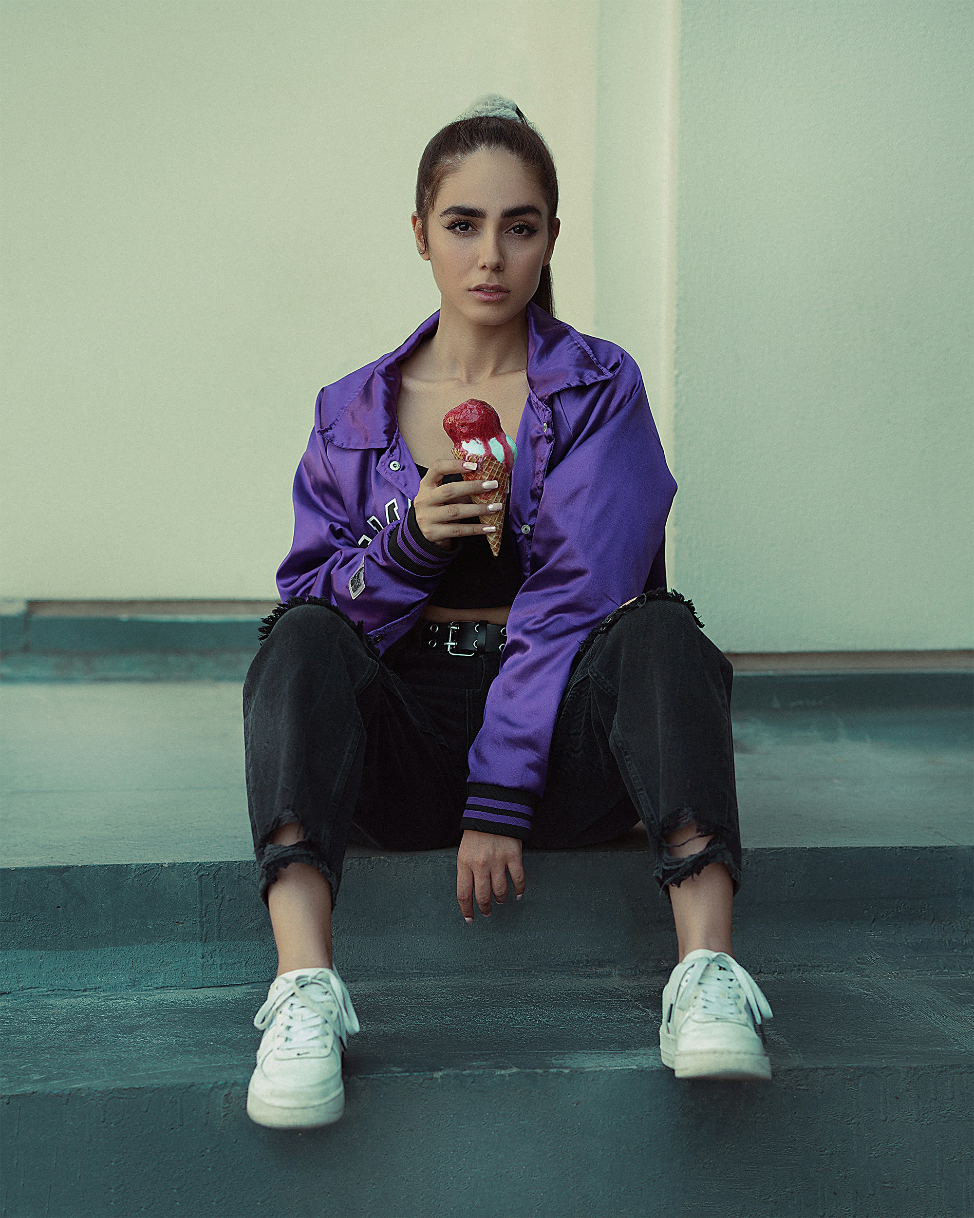 Midnight Violet: A Street Style Moment on Concrete Steps