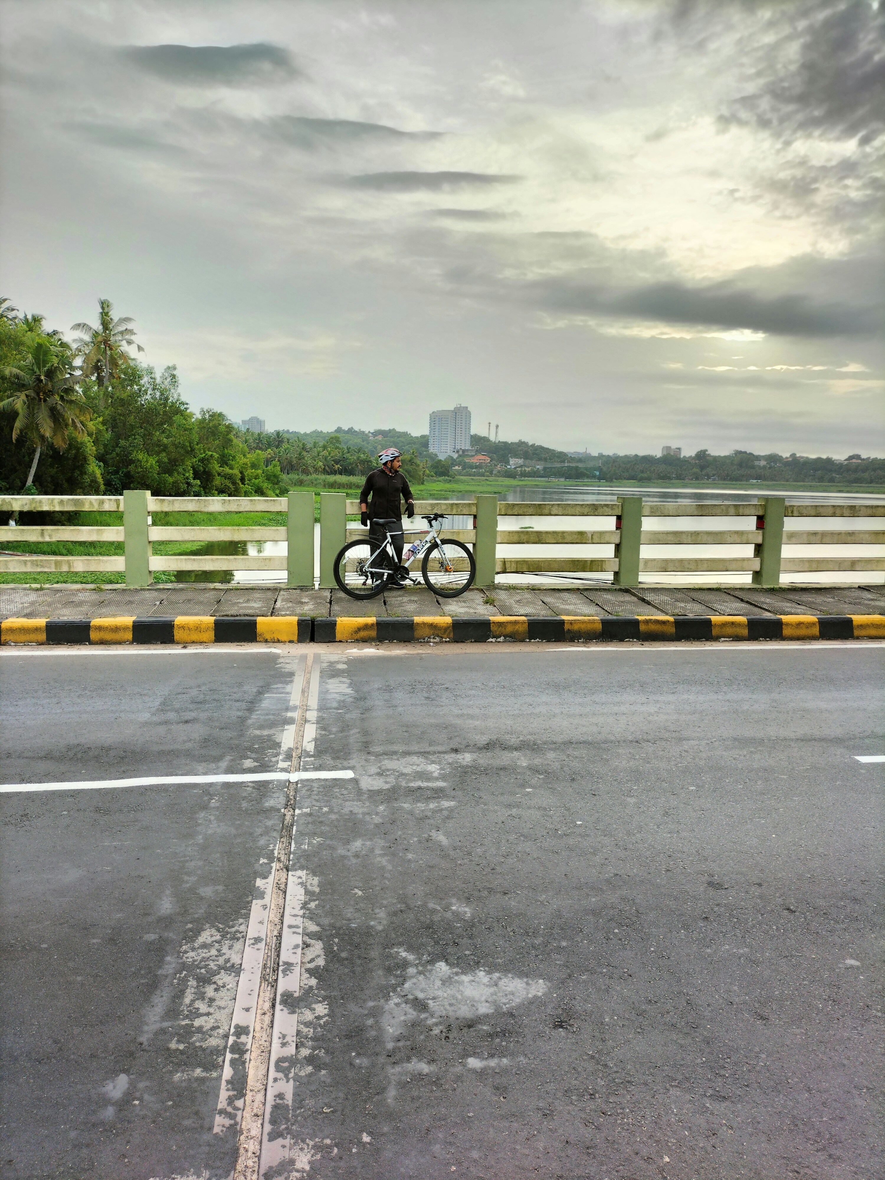 Cyclist on a bridge beside a waterway with palm trees and distant buildings, captured from street level with a wide urban-rural backdrop.