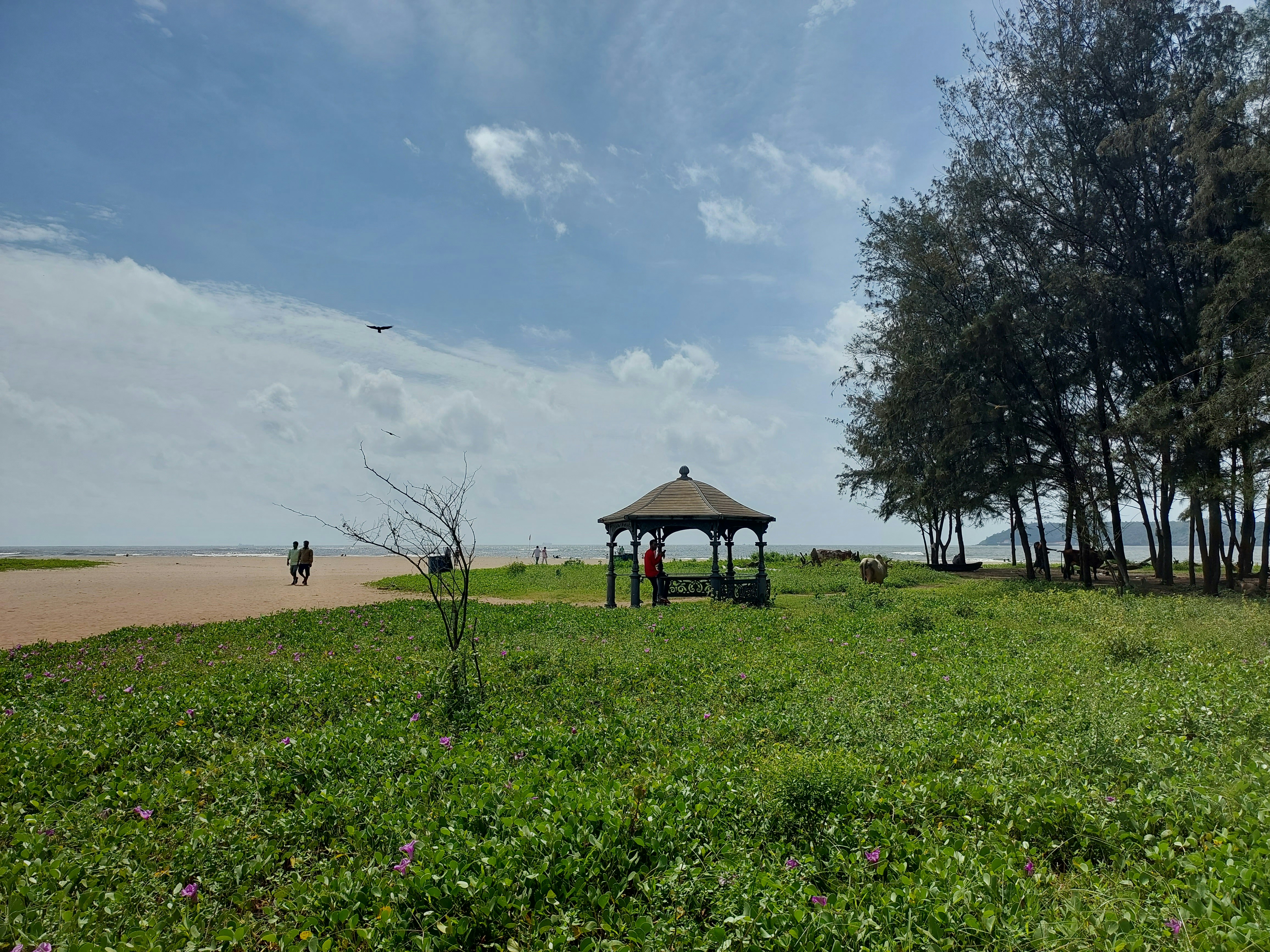 A charming gazebo surrounded by lush greenery, with beachgoers strolling along the sandy shore under a bright sky.