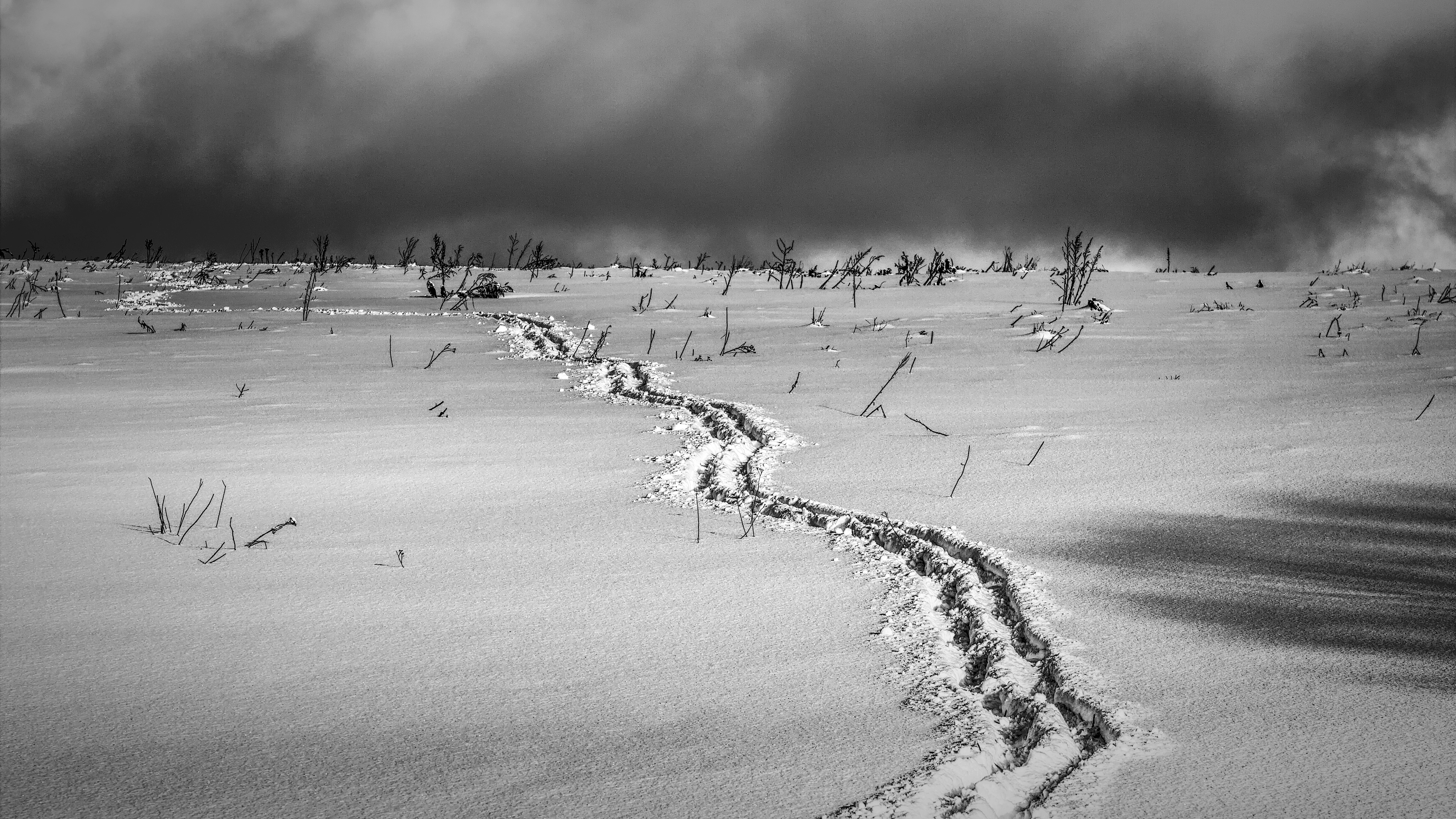 Vanishing Trace Across a Quiet Snowfield Under a Looming Sky