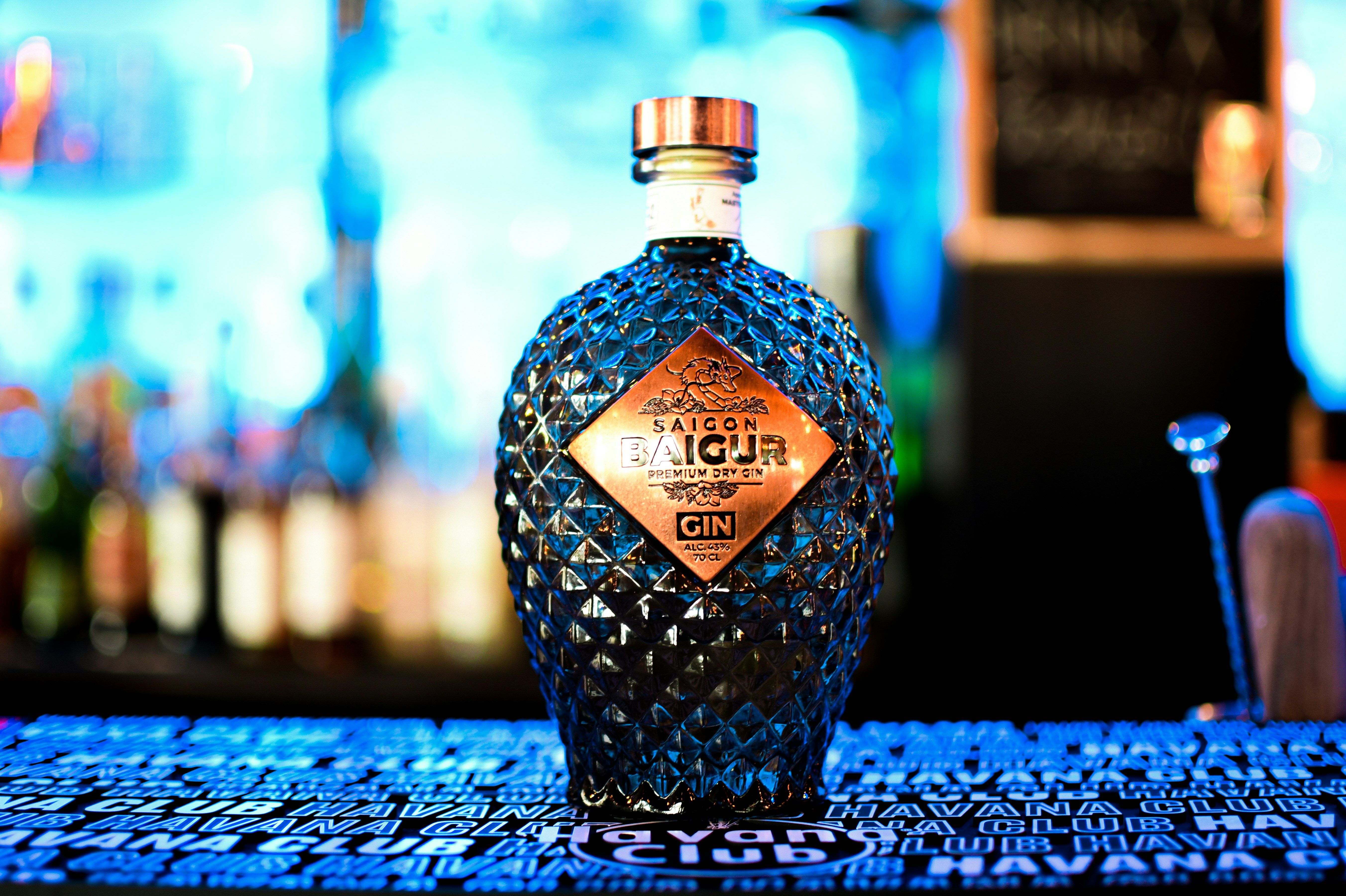 Cobalt Diamond Gin Under Neon Bar Light