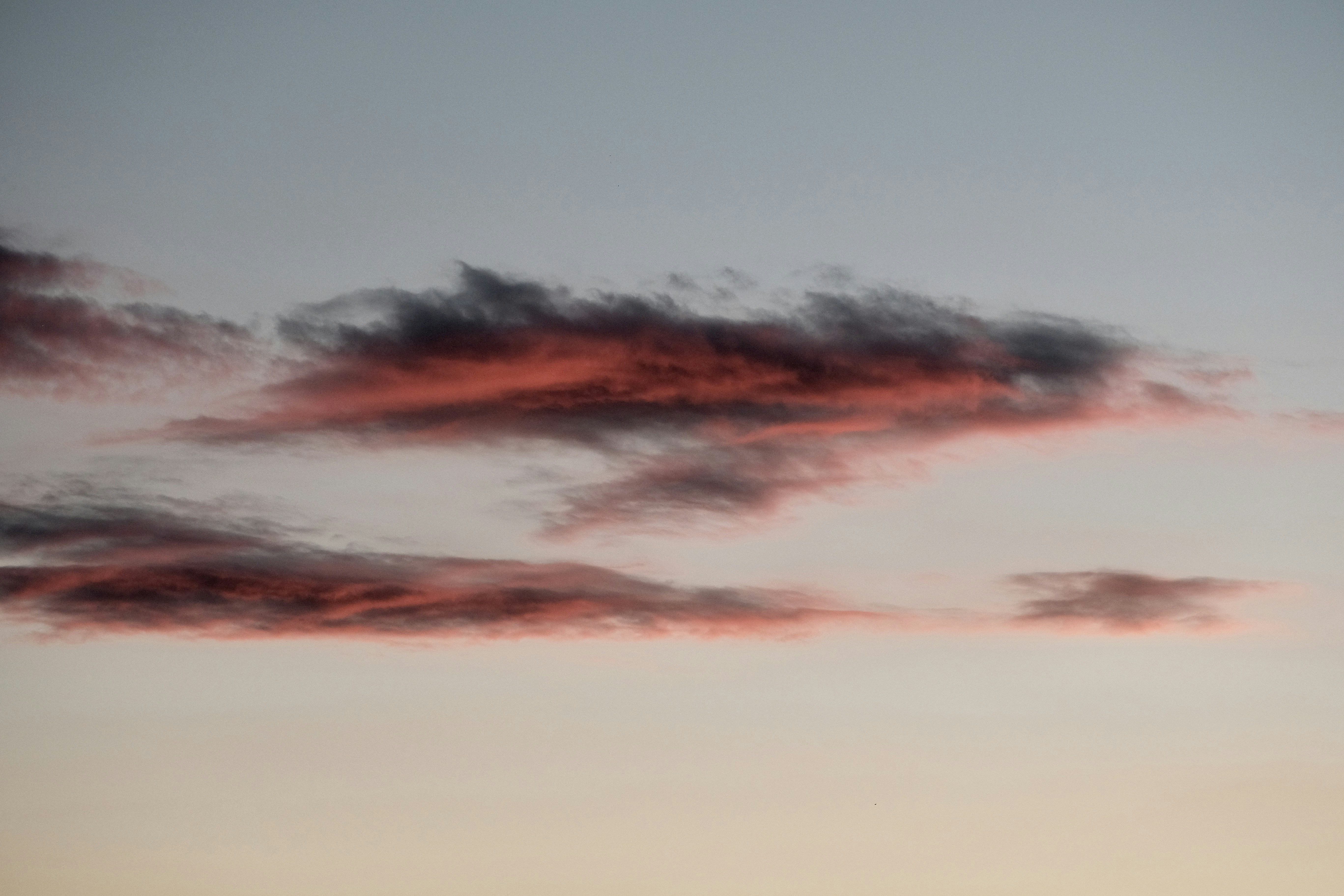 Softly illuminated clouds painted in hues of pink and gray against a fading sky.