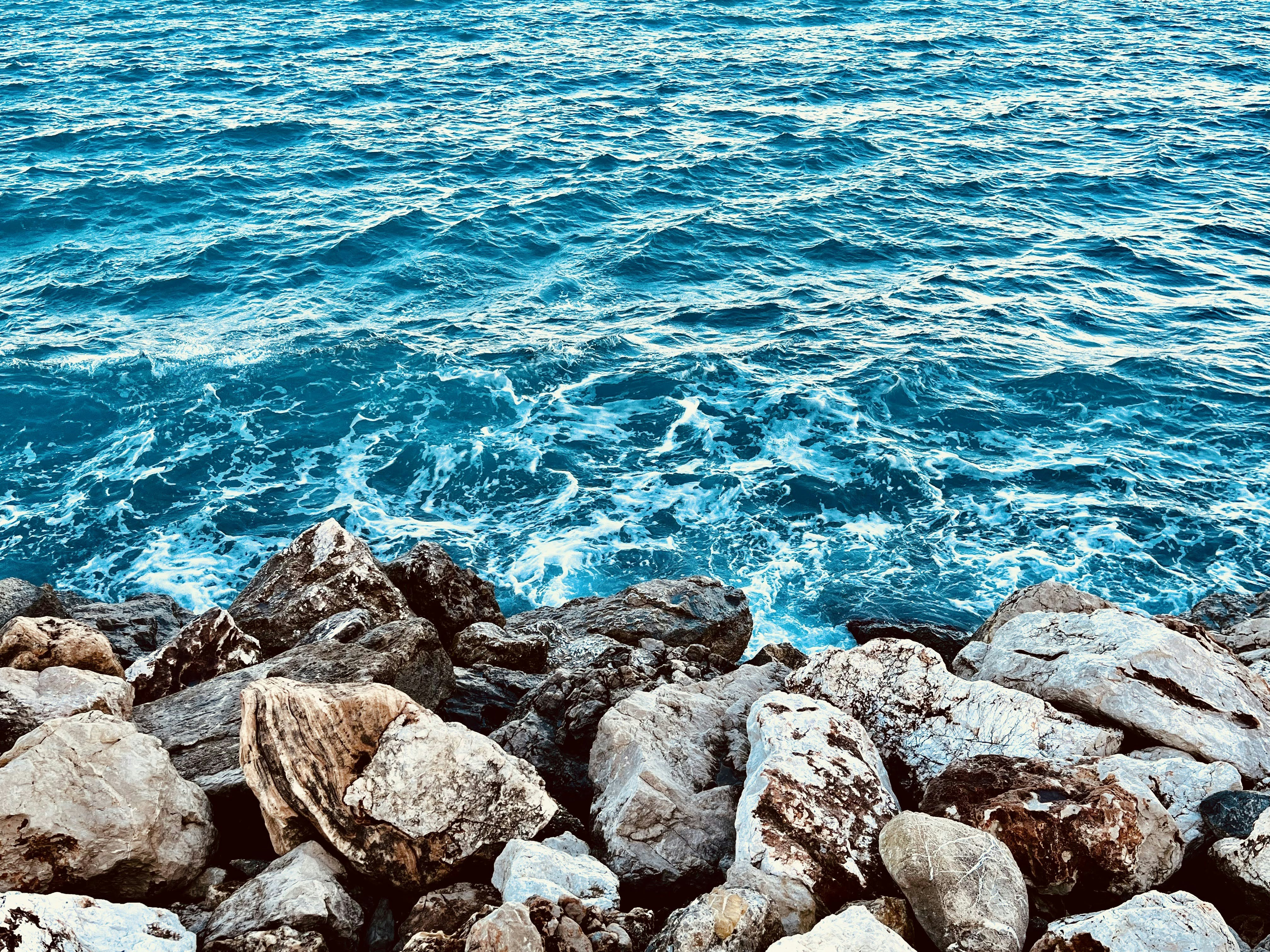 Rugged rocks line the shore as gentle waves lap against them, creating a harmonious interplay of textures and colors.