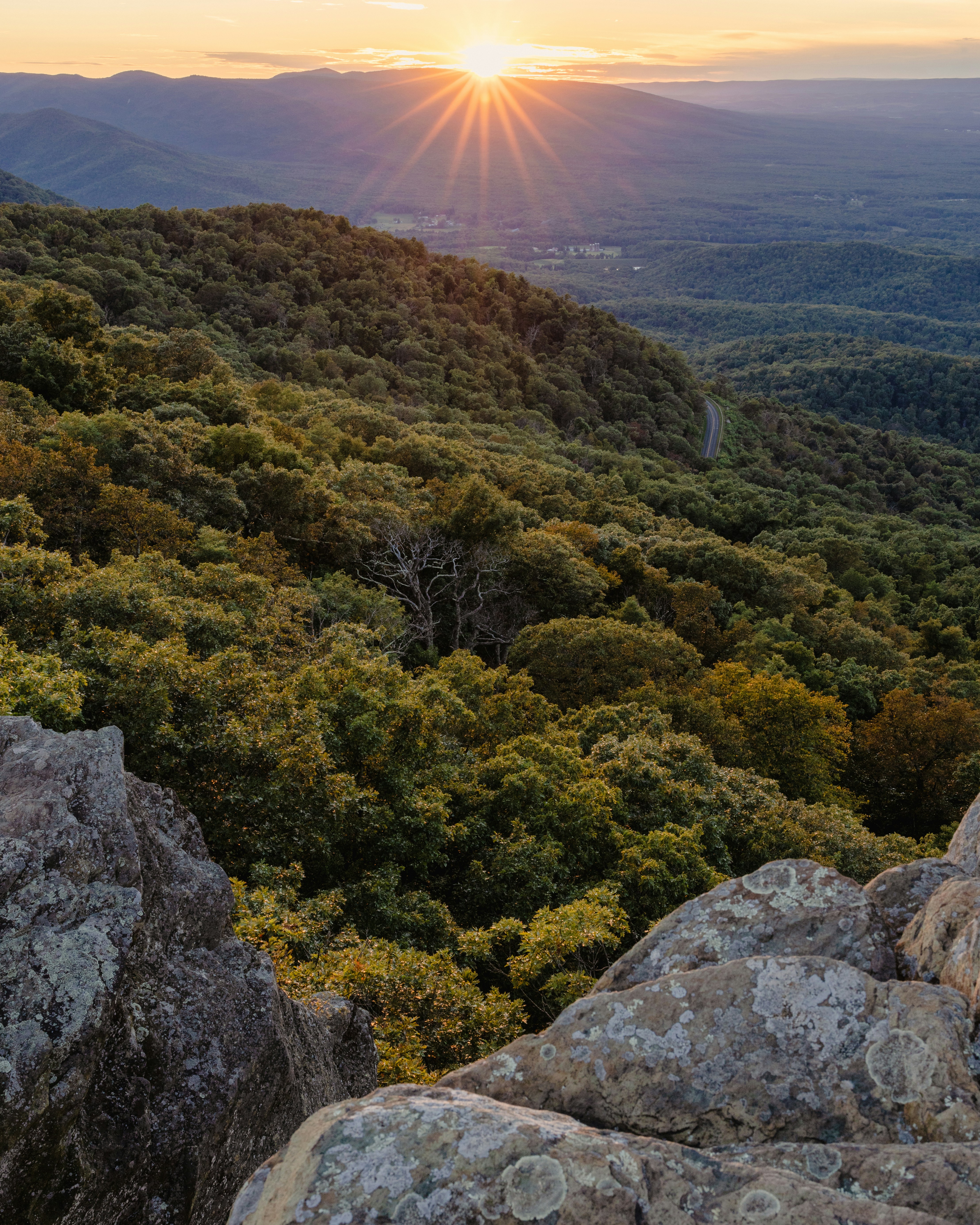 Sunset casting golden rays over a lush, green valley, framed by rocky outcrops. The winding road disappears into the horizon.