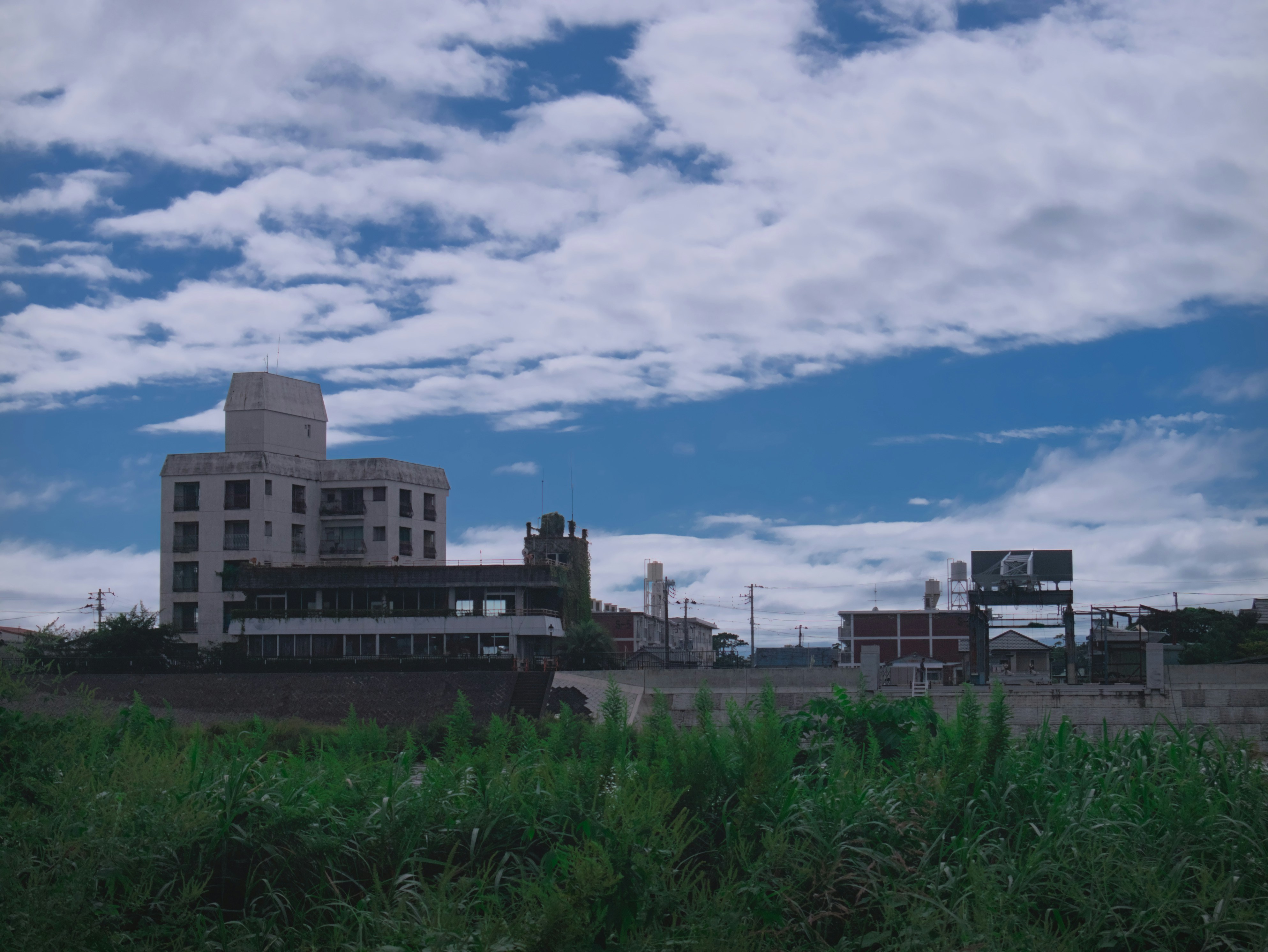 Decaying buildings juxtaposed against a vibrant sky, showcasing urban neglect and nature's reclaiming touch.