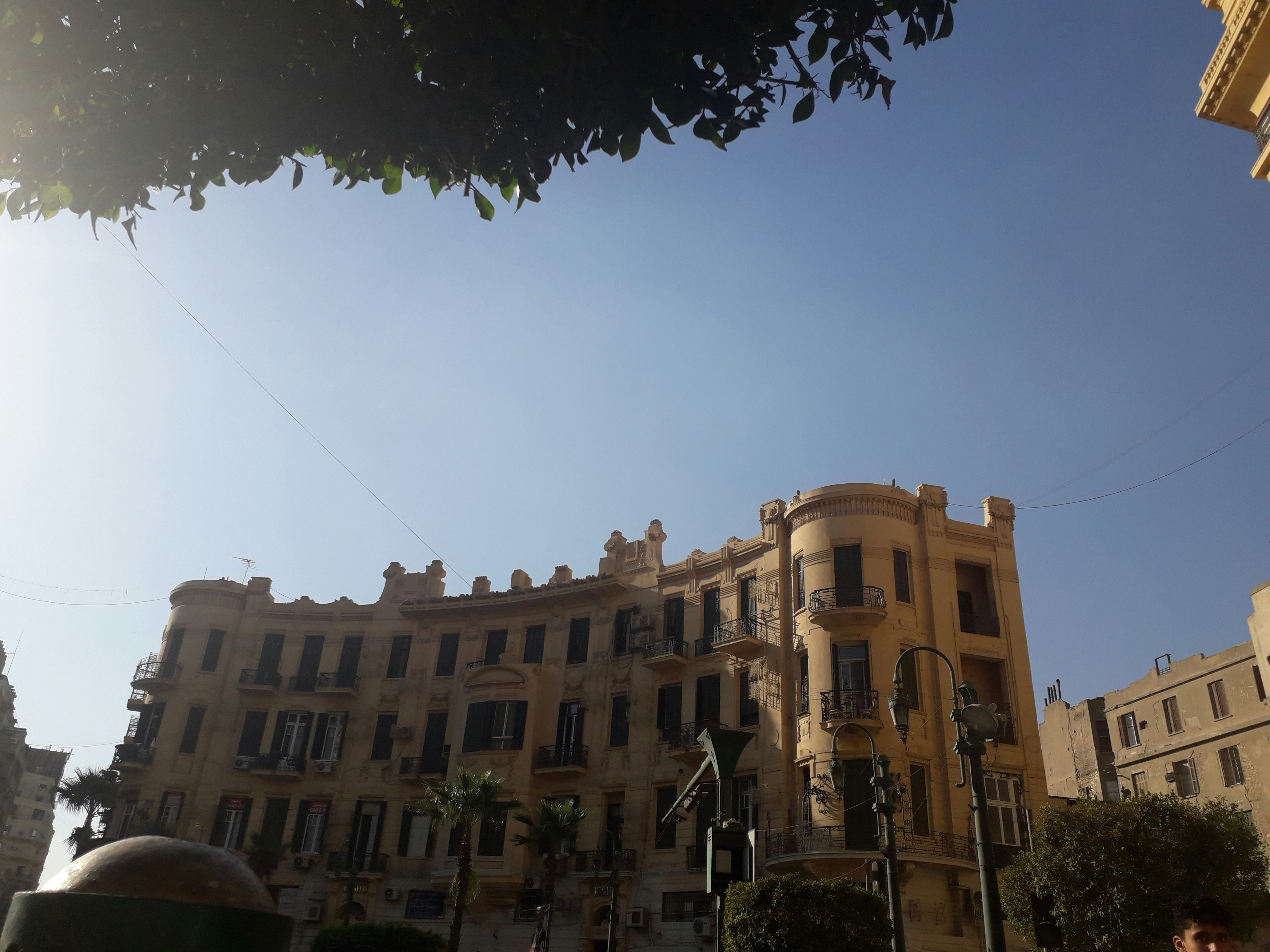 Historic building showcasing intricate architecture under a clear blue sky, surrounded by palm trees.
