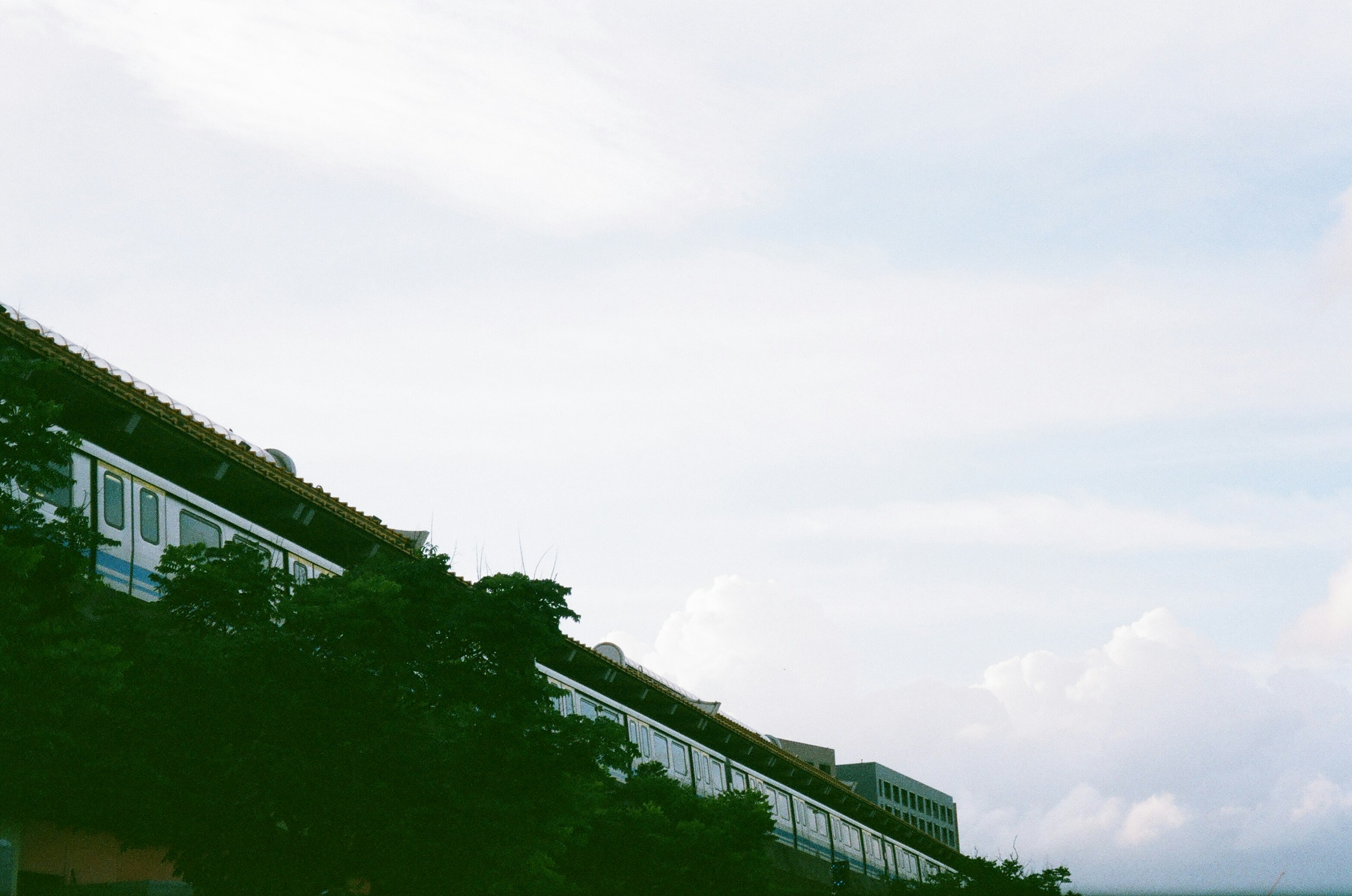 A train glides above lush greenery, framed by a vast sky dotted with soft clouds.