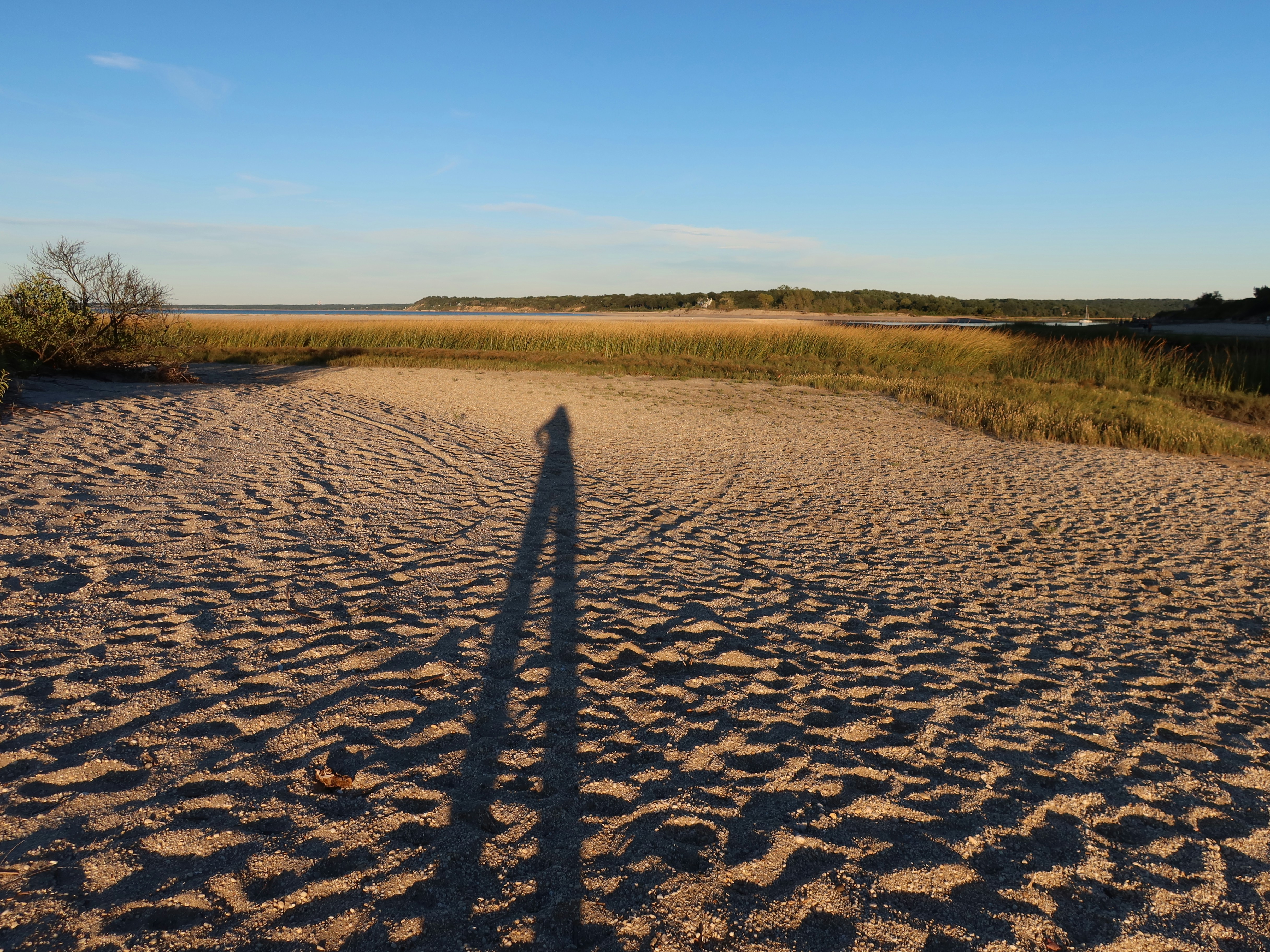 Long shadow cast on sandy beach with gentle grassland and distant horizon under clear blue sky.