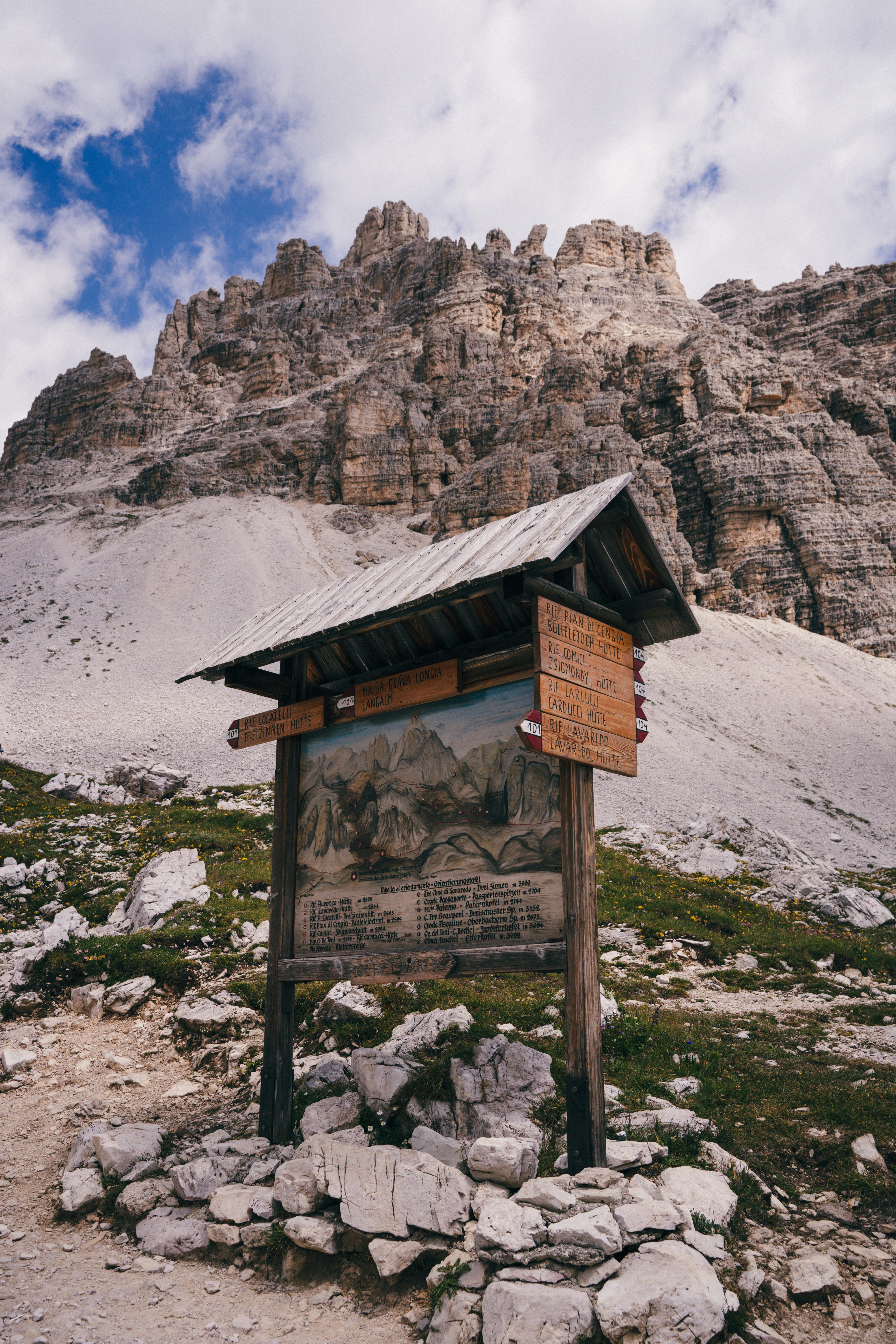 Wooden signpost depicting local trails and landscapes, set against towering rocky mountains under a dynamic sky.