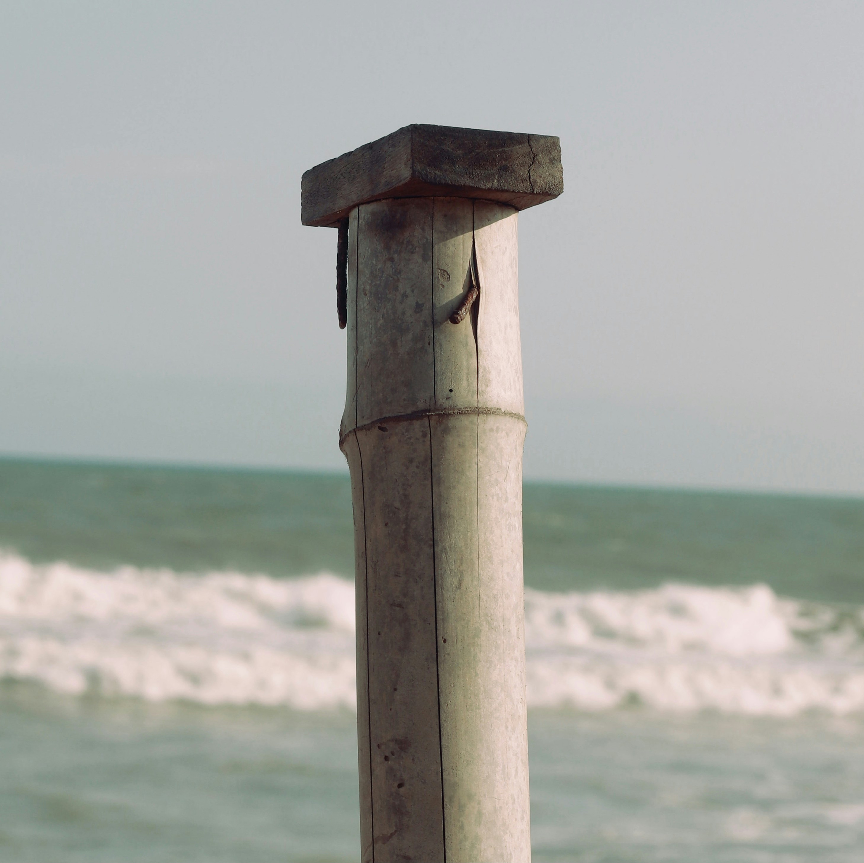 Sentinel by the Sea: A Weathered Post Framed Against Quiet Waves